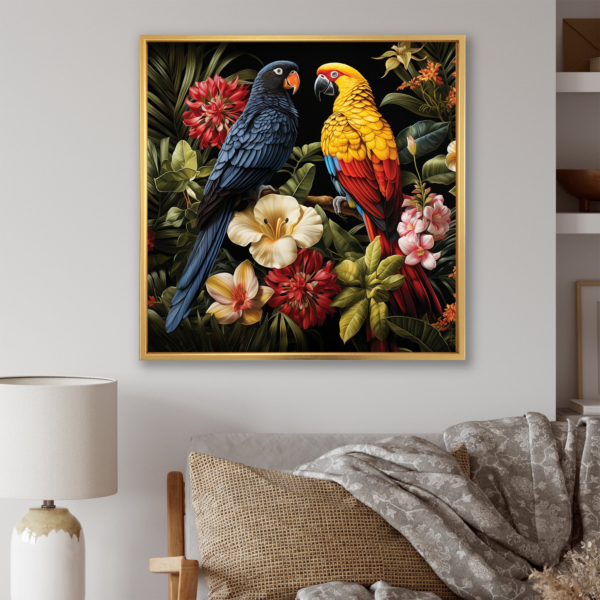 Designart "Tropical Parrots in Yellow and Blue" Animals Framed Wall Art ...
