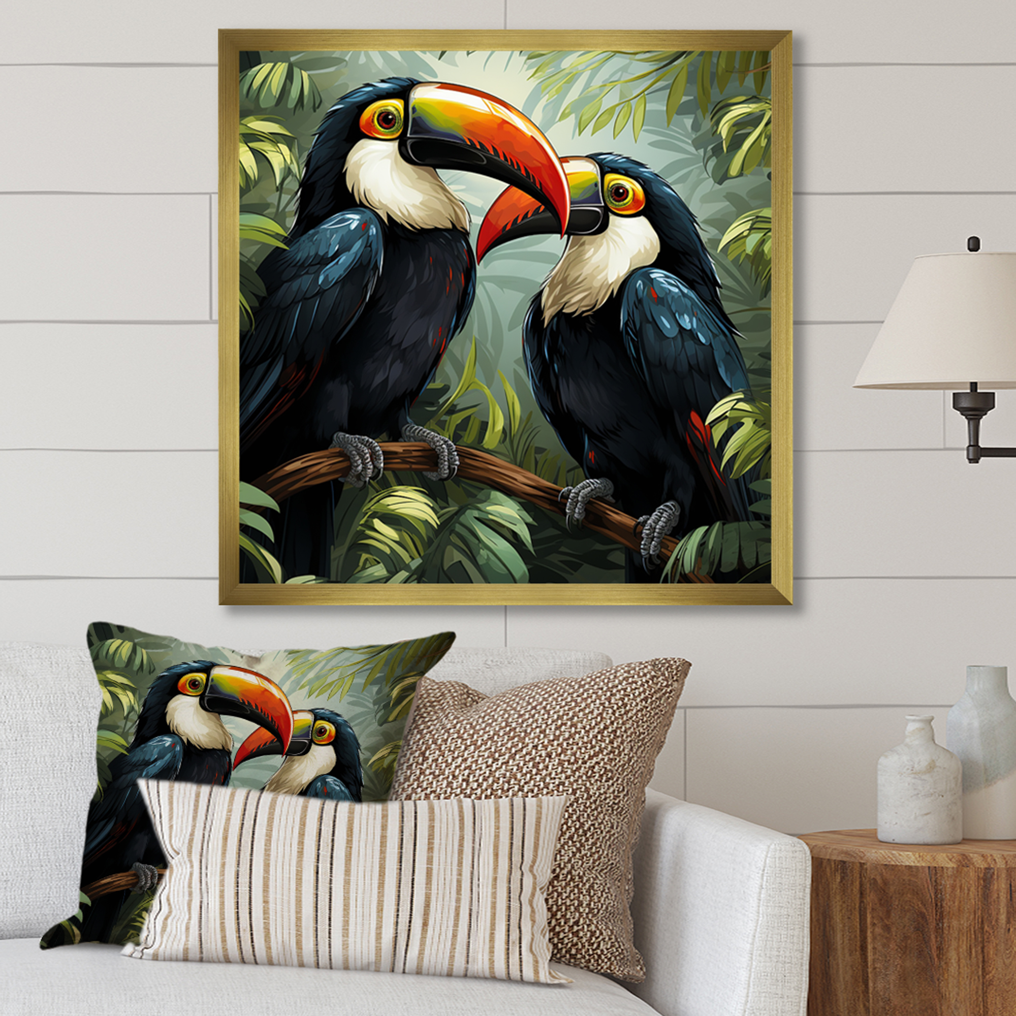 Designart "Tropical Toucans in Black and Green" Animals Framed Wall Art ...
