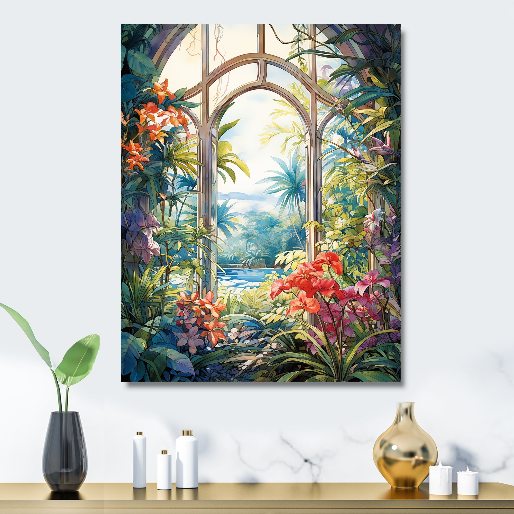 Designart "Tropical Windows View blooms 1 In Green and Pink"Abstract ...
