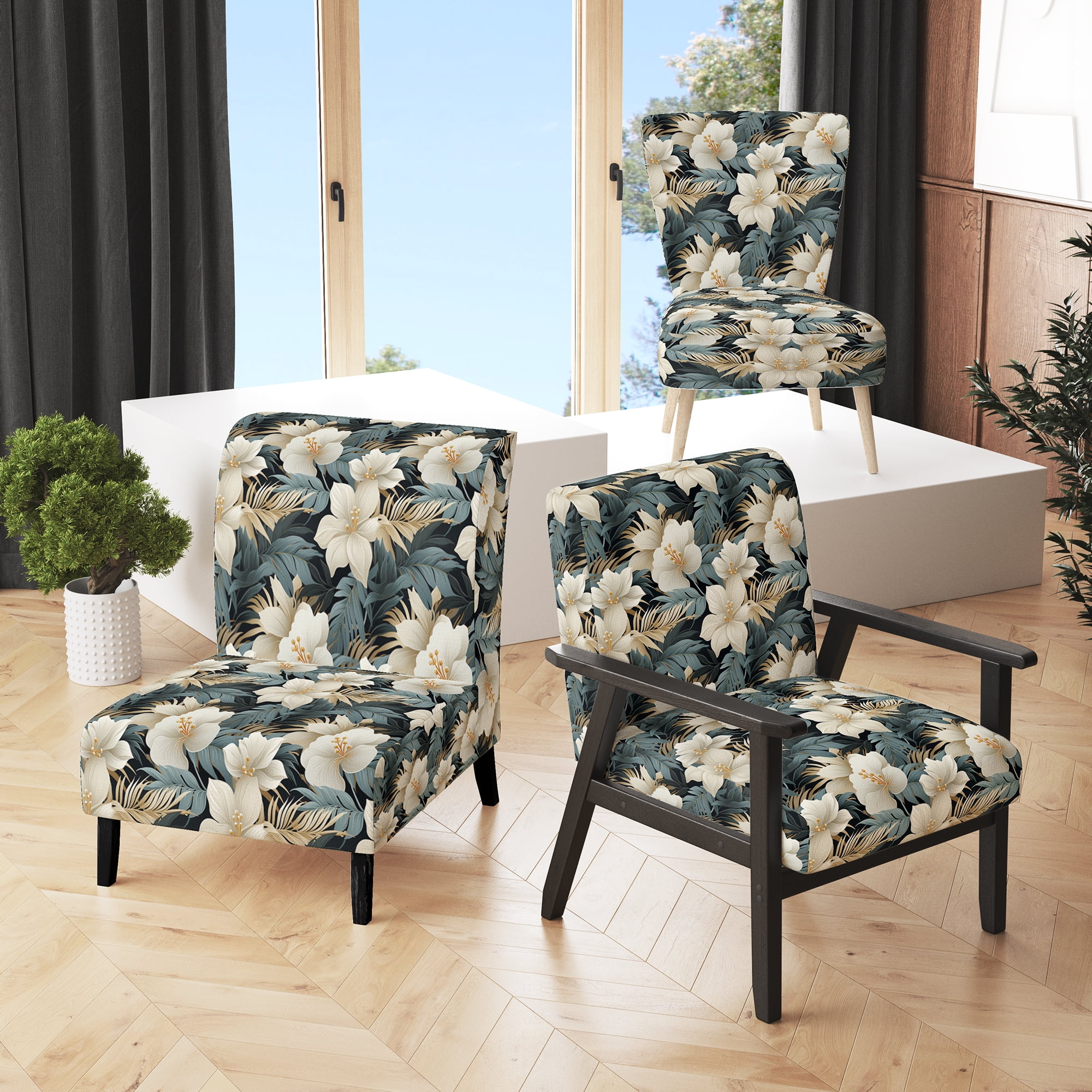 Designart "Tropics In Monochrome Hues II" White Tropical Upholstered ...