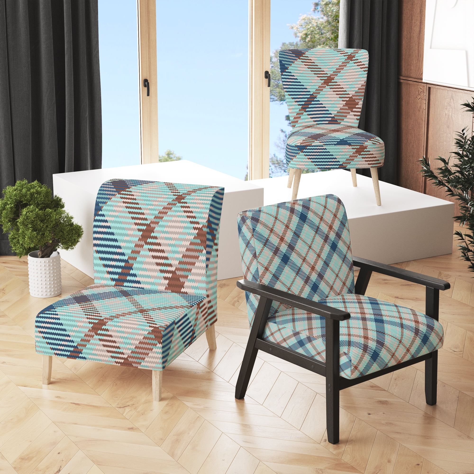Designart "Turquoise Checked Tartan" Upholstered Patterned Accent Chair ...