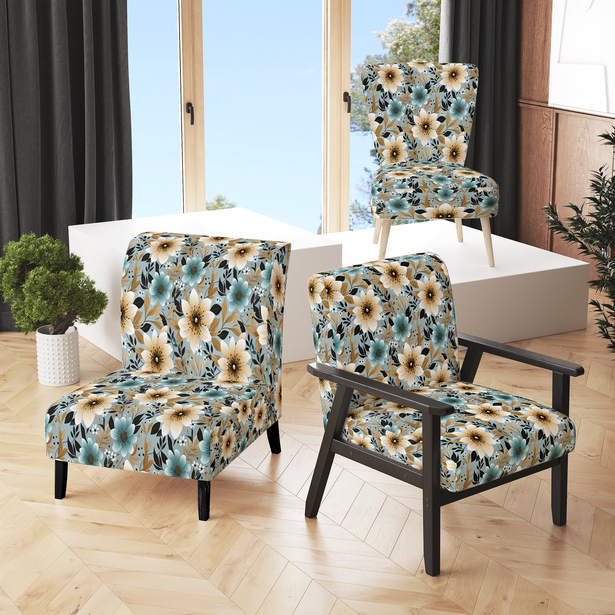 Designart "Turquoise Ivory Coastal Flair" Ivory Floral Upholstered ...