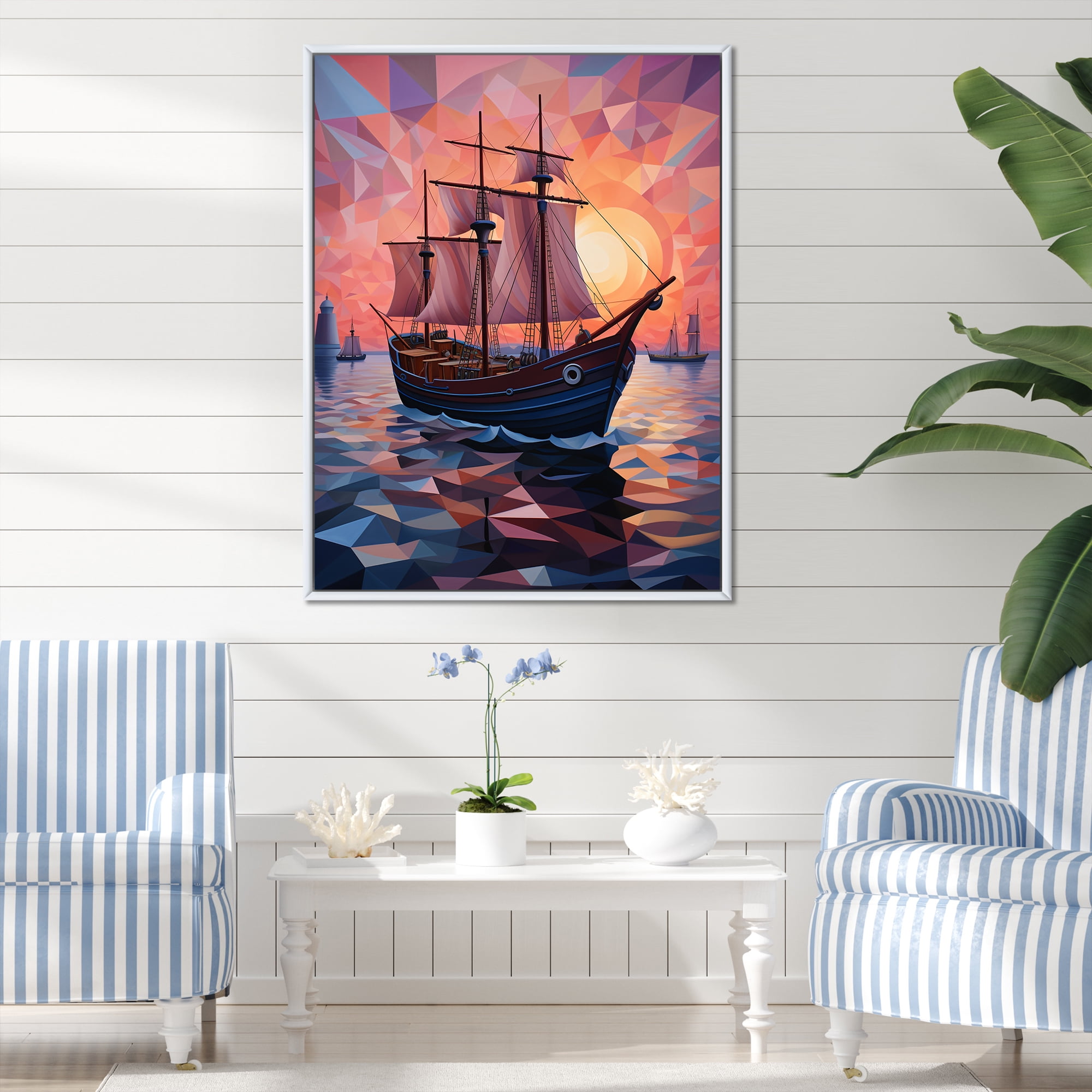 Designart "Twilight Sail on the Nautical Ship I" Coastal Framed Wall ...