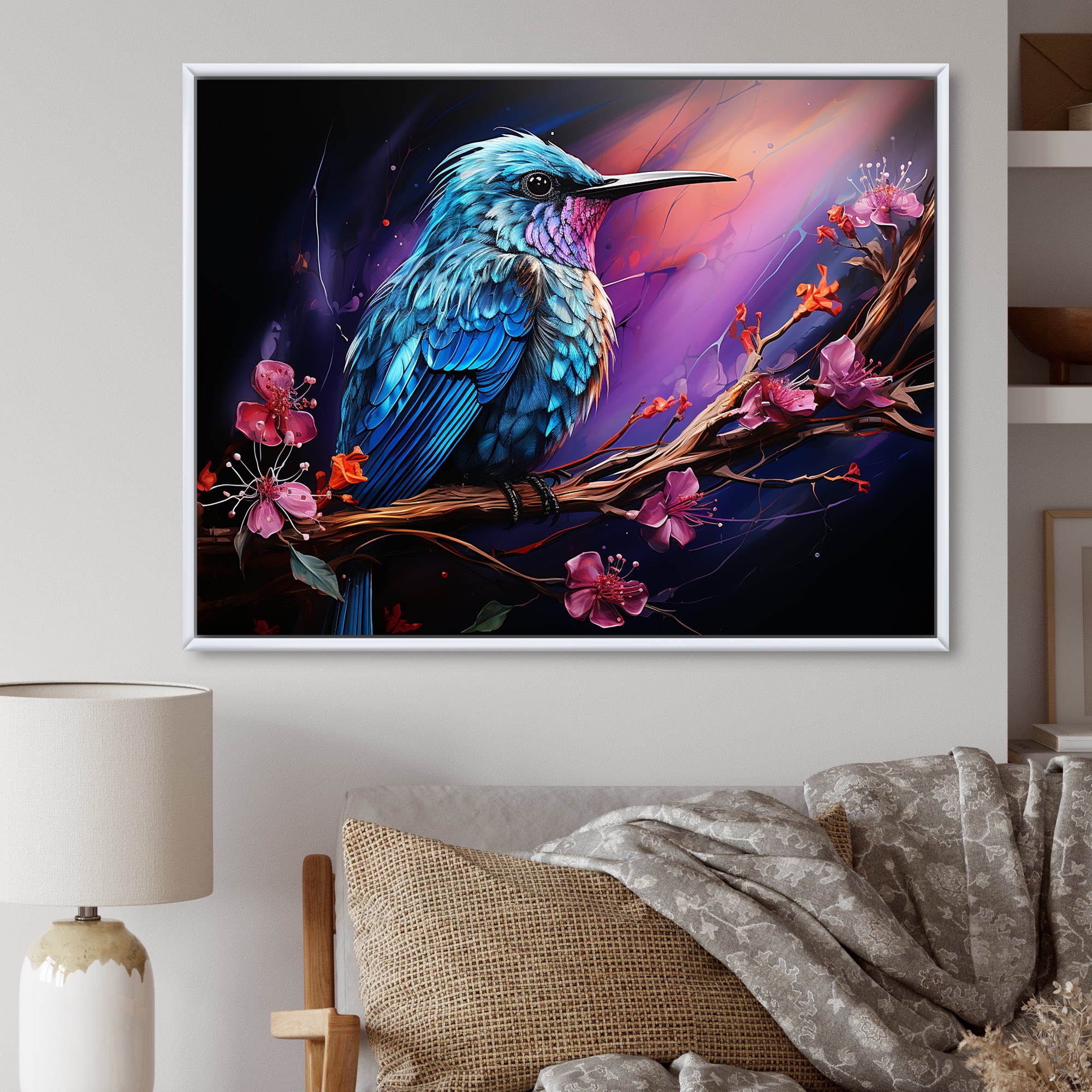 Designart "Twilight Wonder of Blue Hummingbird amid Florals" Animals ...