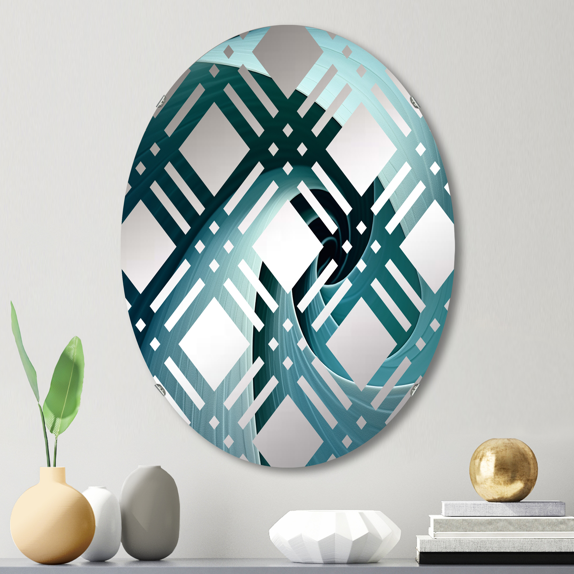 Designart "Twirling Turquoise Shellfish Spiral I" Nautilus Plaid Round ...