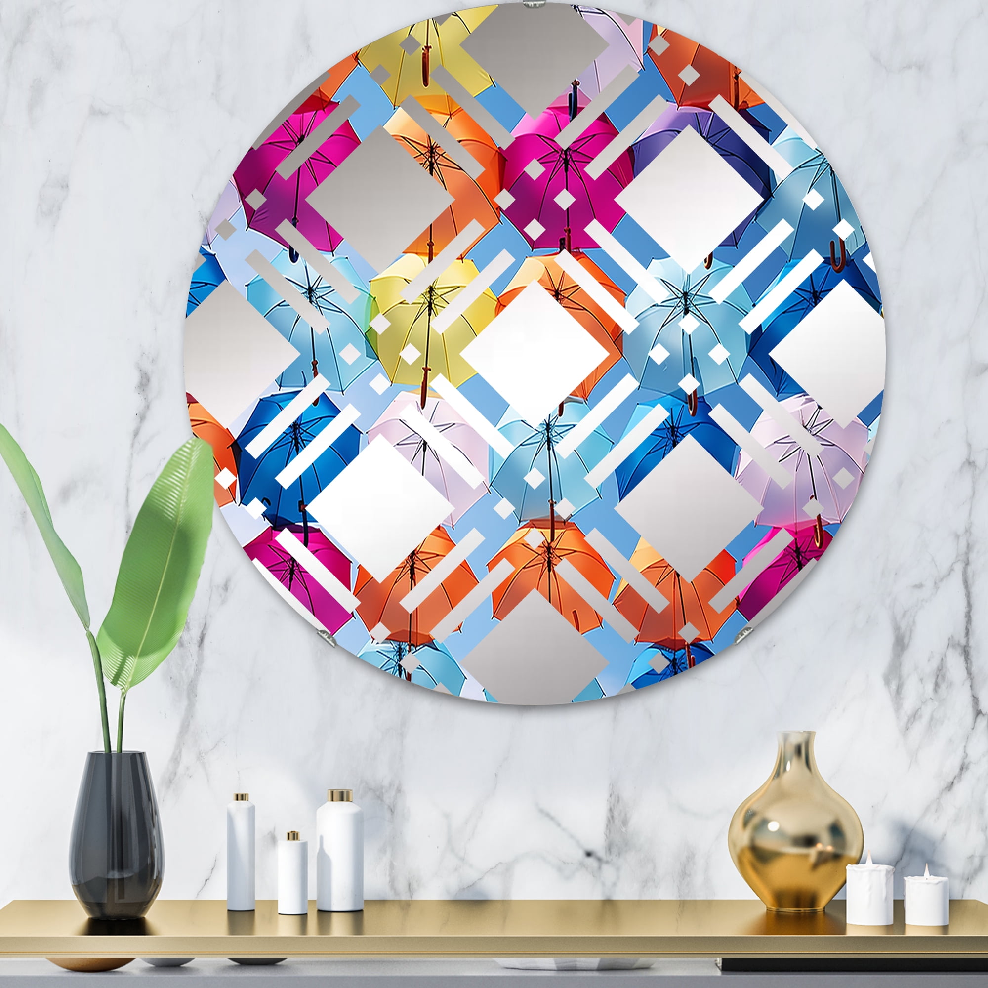 Designart "Umbrella Canopy in the Sky IV" Sky Plaid Round Wall Mirror ...