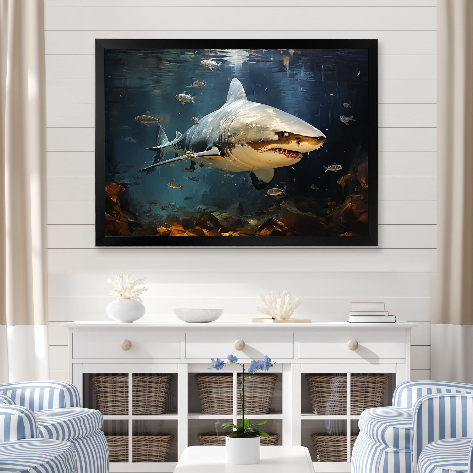 Designart "Underwater Encounter Shark Attack II" Animals Framed Wall ...