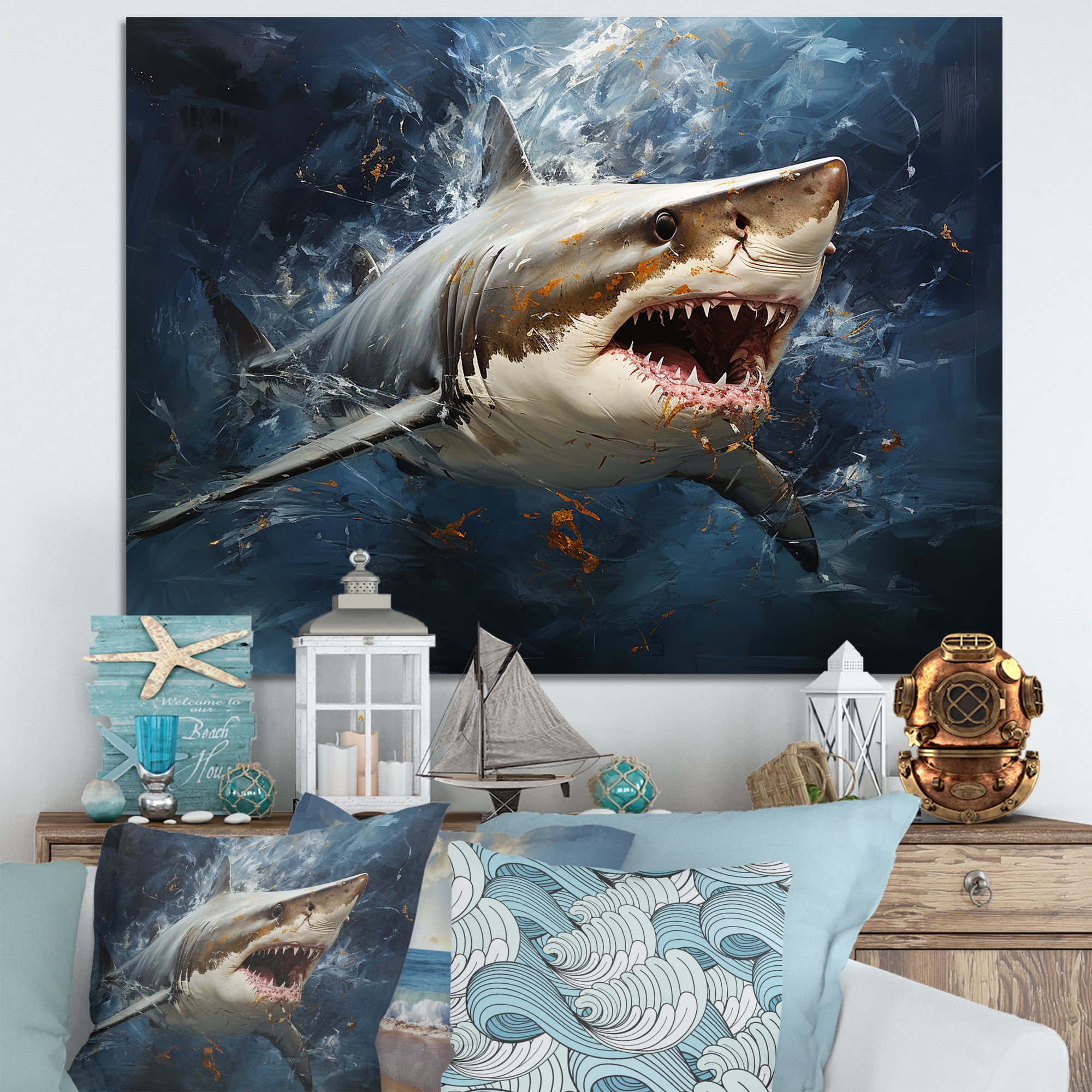 Designart "Underwater Encounter Shark Attack III" Animals Wall Art ...