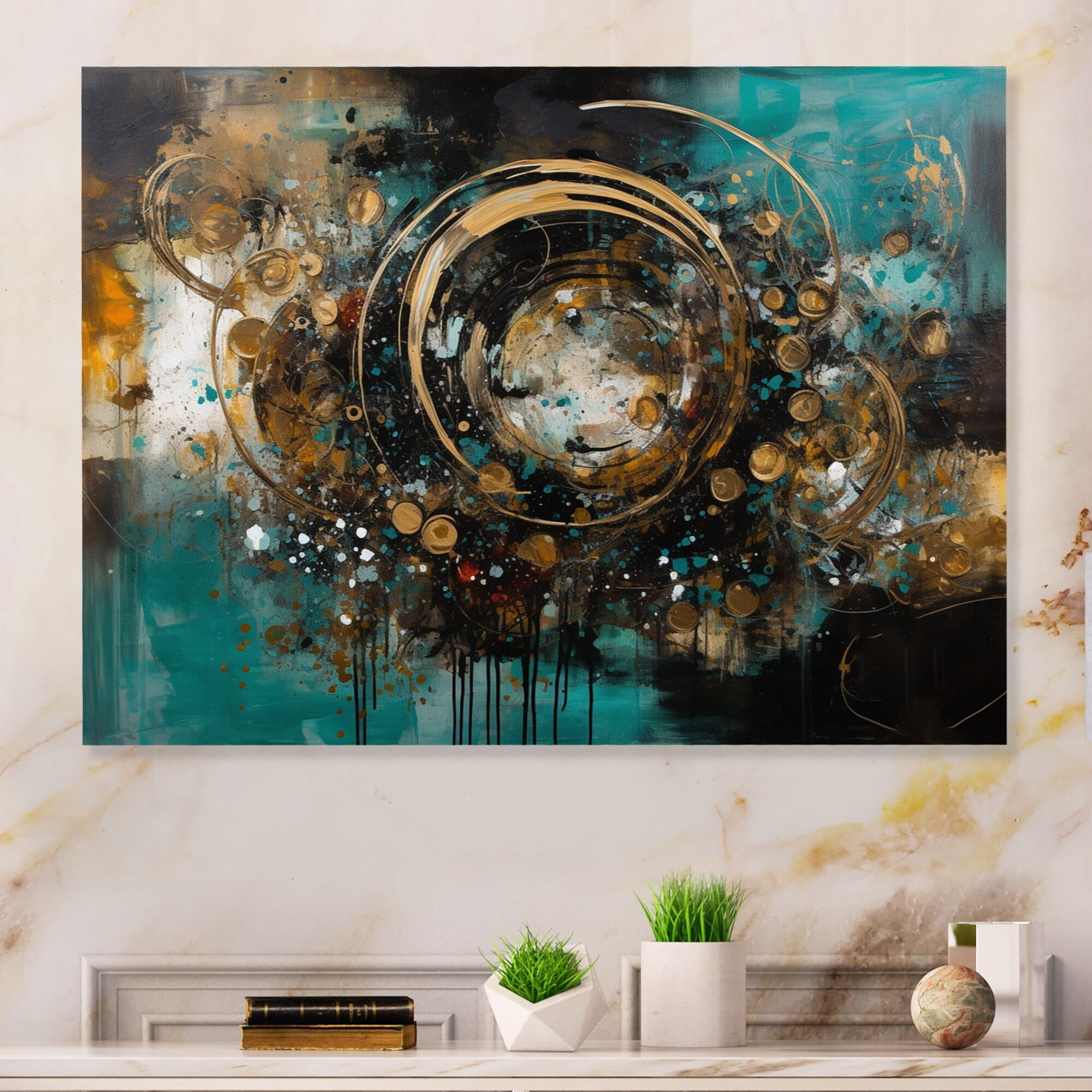 Designart "Unveiling The Energy Gold and Green III" Modern Geometric ...