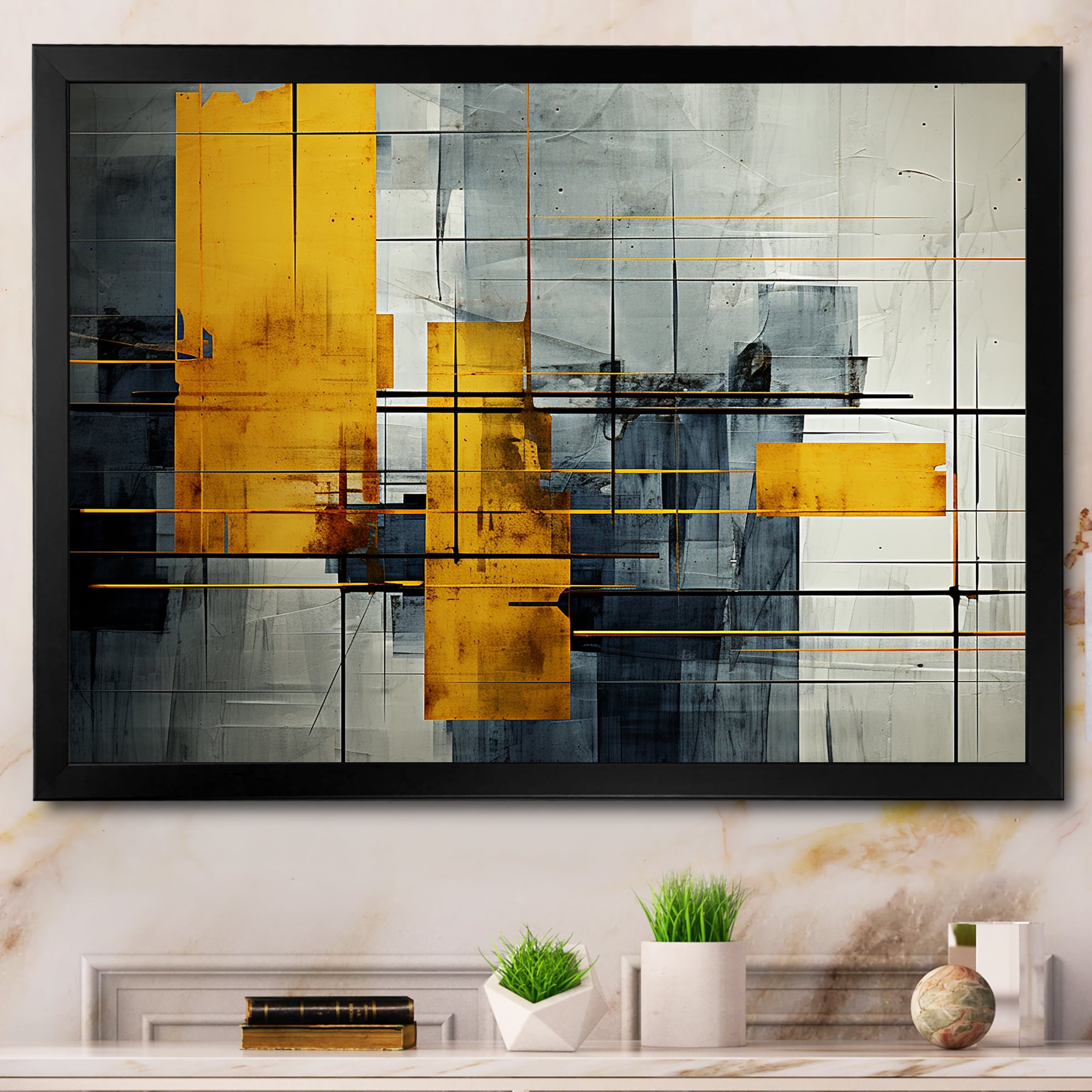 Designart "Urban Cubist Elegance Grey and Yellow Abstract" Abstract ...