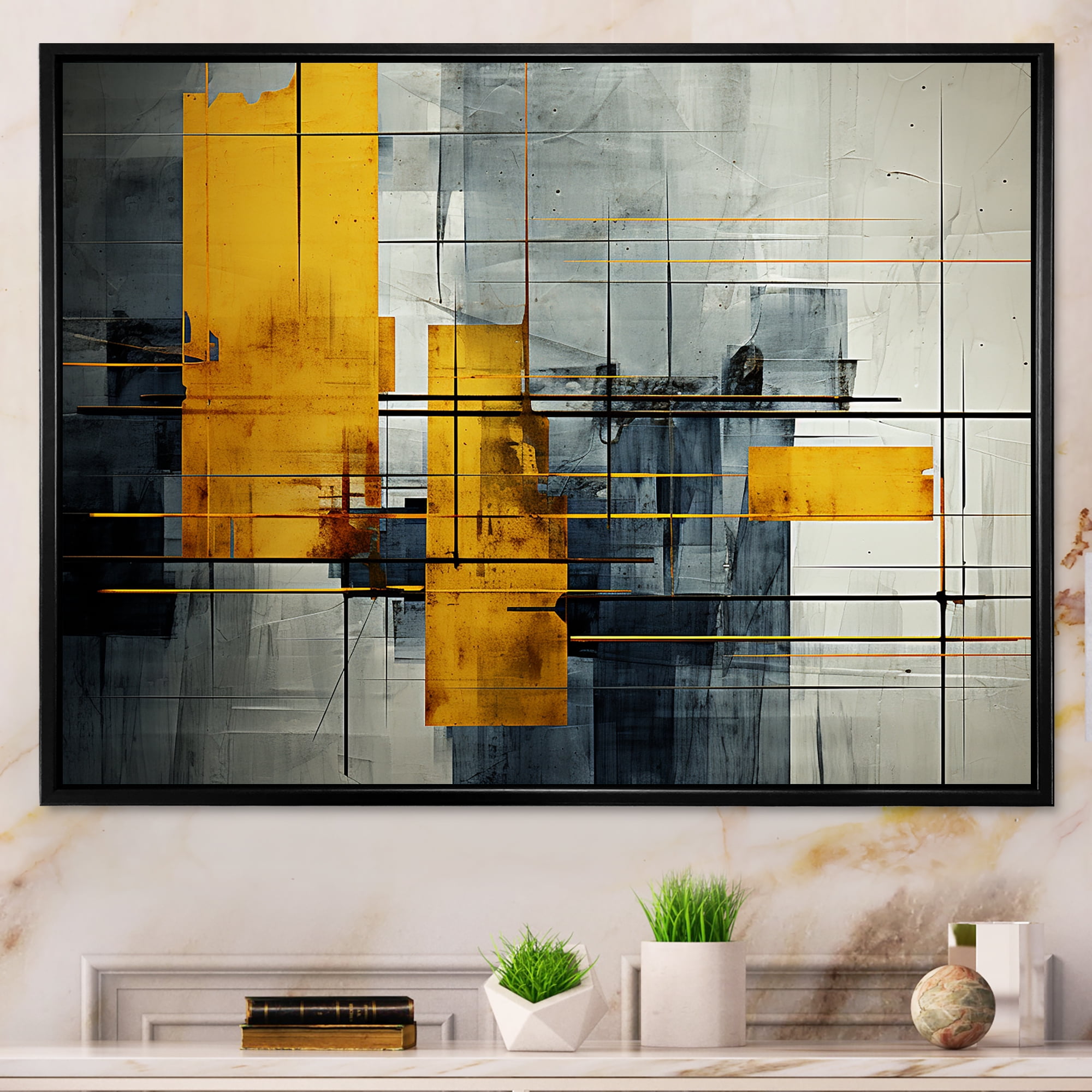 Designart "Urban Cubist Elegance Grey and Yellow Abstract" Abstract ...