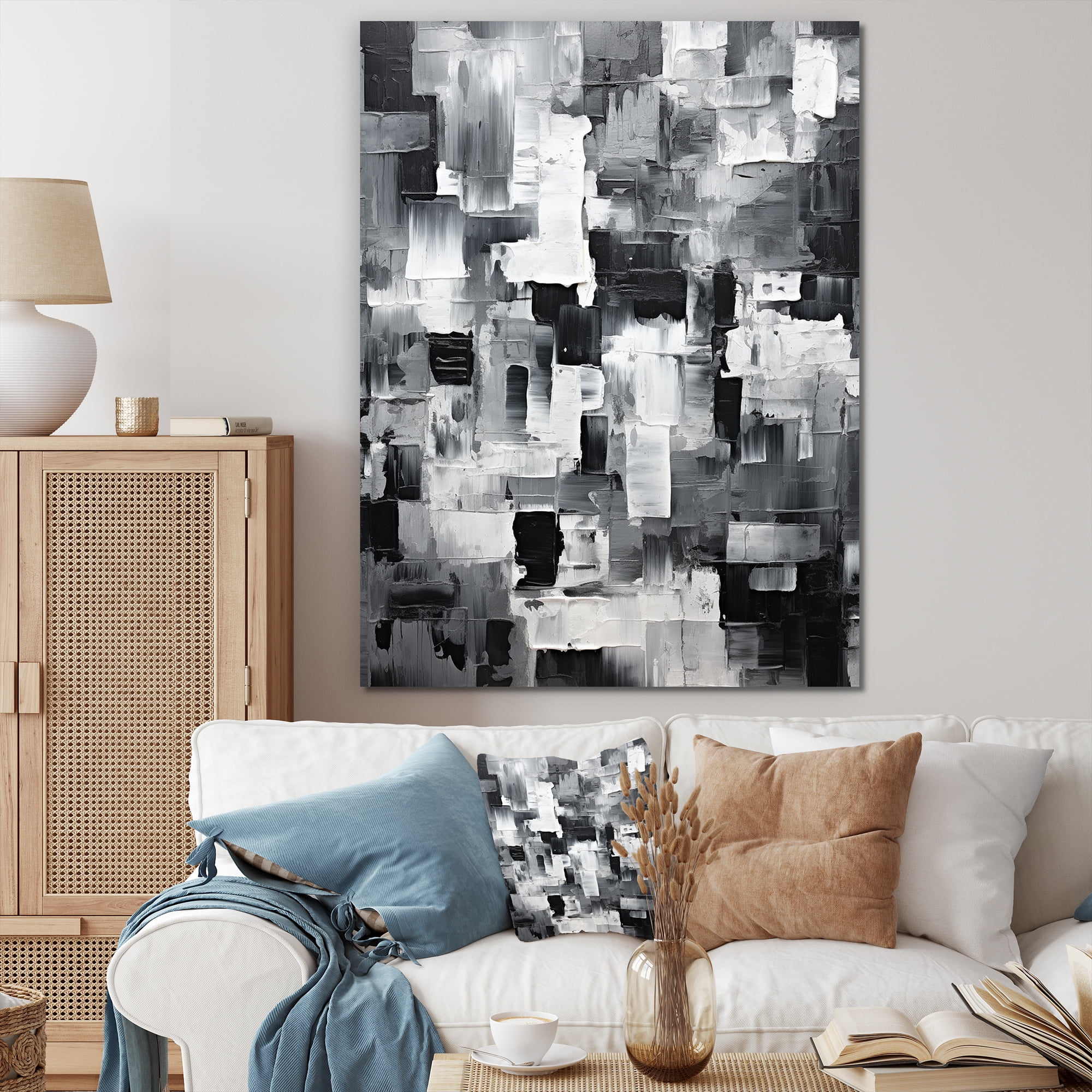 Designart "Urban Cubist Tiles in Grey and Black" Figurative Canvas Wall ...