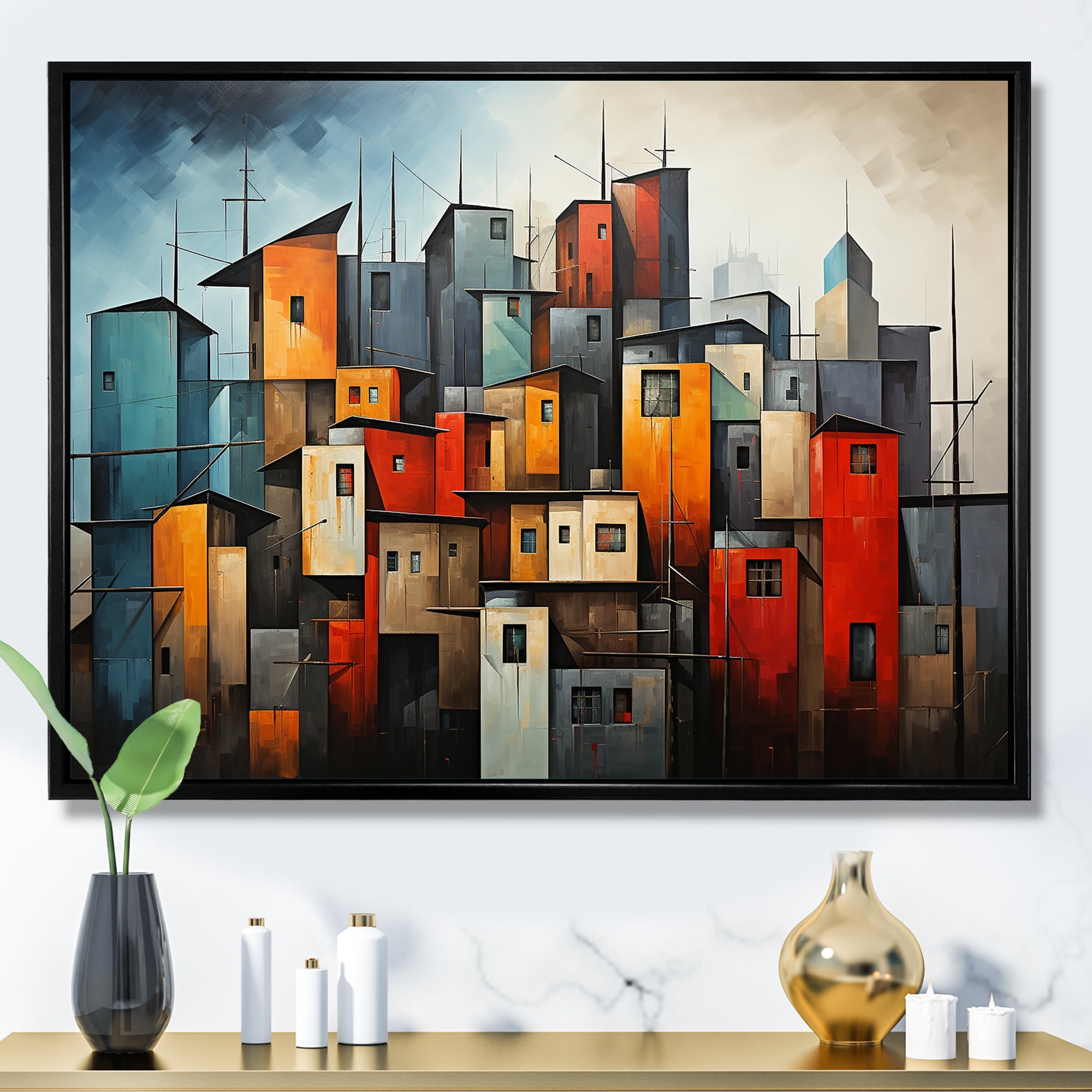 Designart "Urban Landscape In Cubist Horizon III" Cubism Floater Framed ...