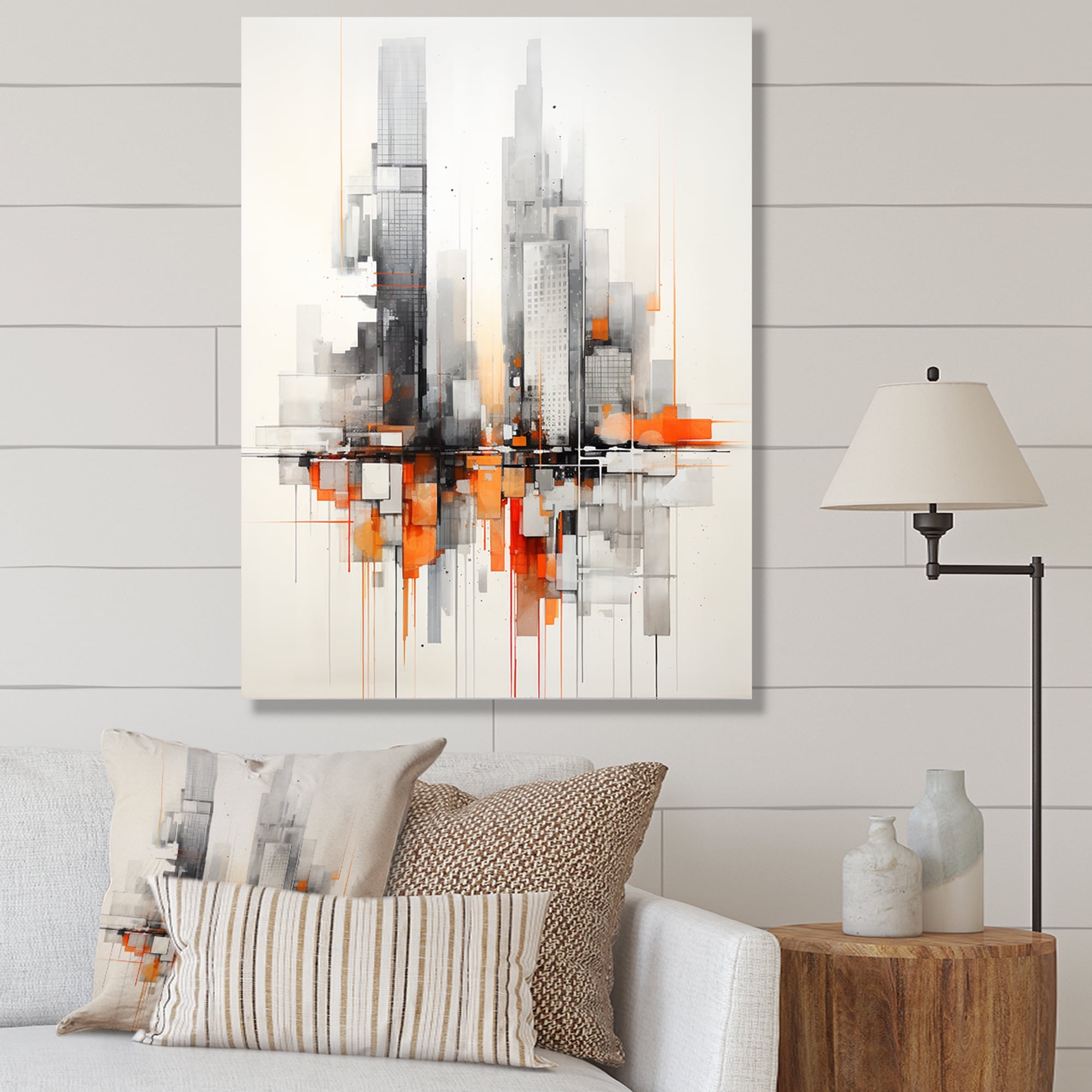 Designart "Urban Rhythm Minimalism in Orange and Grey I" Abstract ...