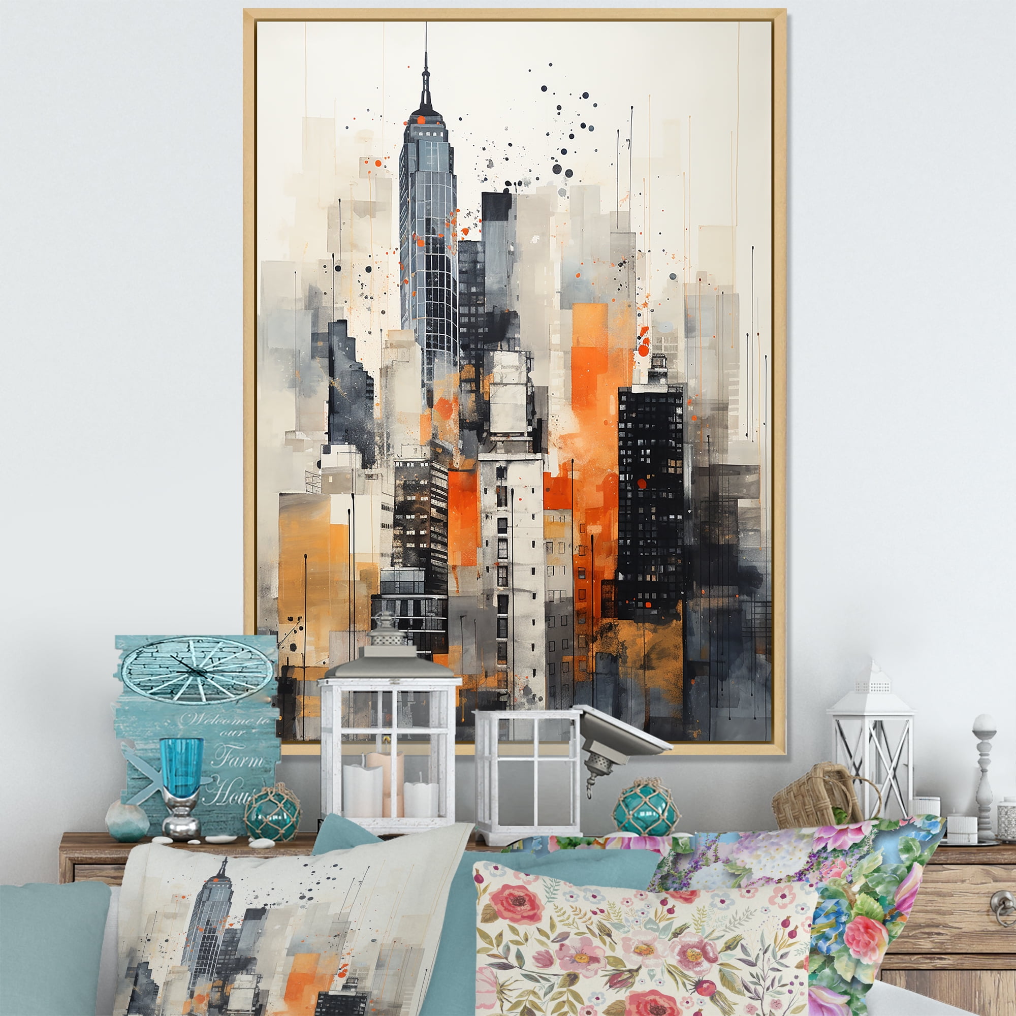 Designart "Urban Rhythm Minimalism in Orange and Grey II" Abstract ...