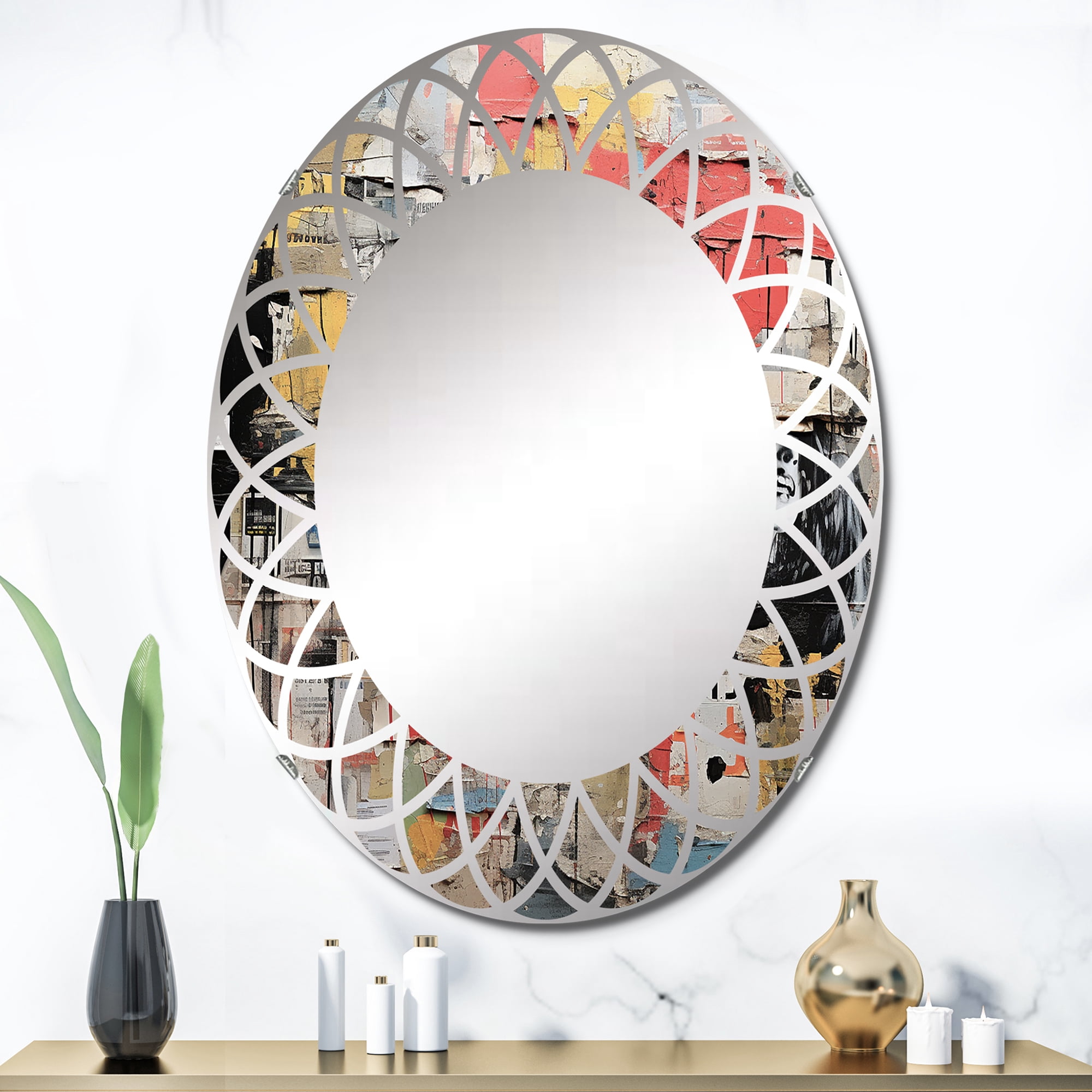 Designart "Urban composition III" Abstract Collages Round Wall Mirror ...