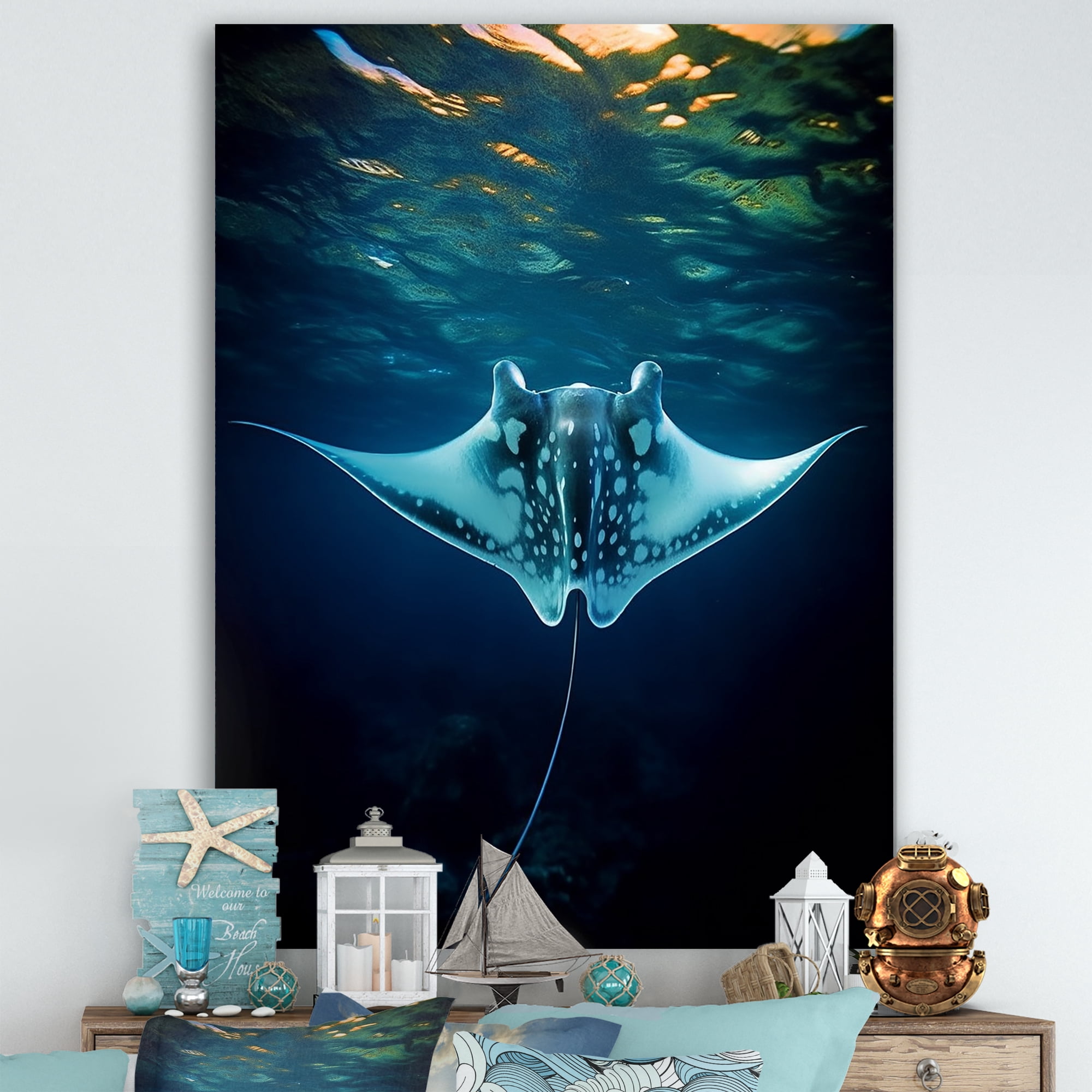 Designart "Vast Azure Oceanic Manta Ray" Coastal Coral Under Water Wall ...