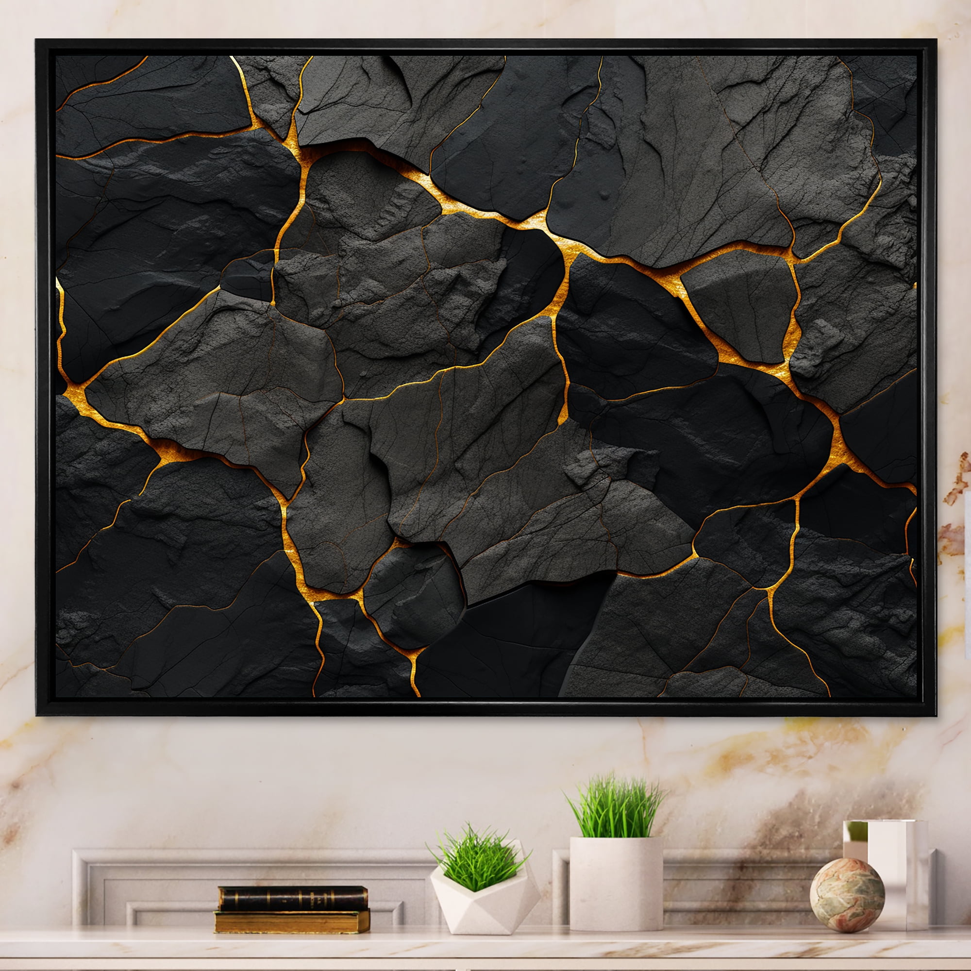 Designart "Veins Of Molten Volcanic Lava II" Volcano Floater Framed ...