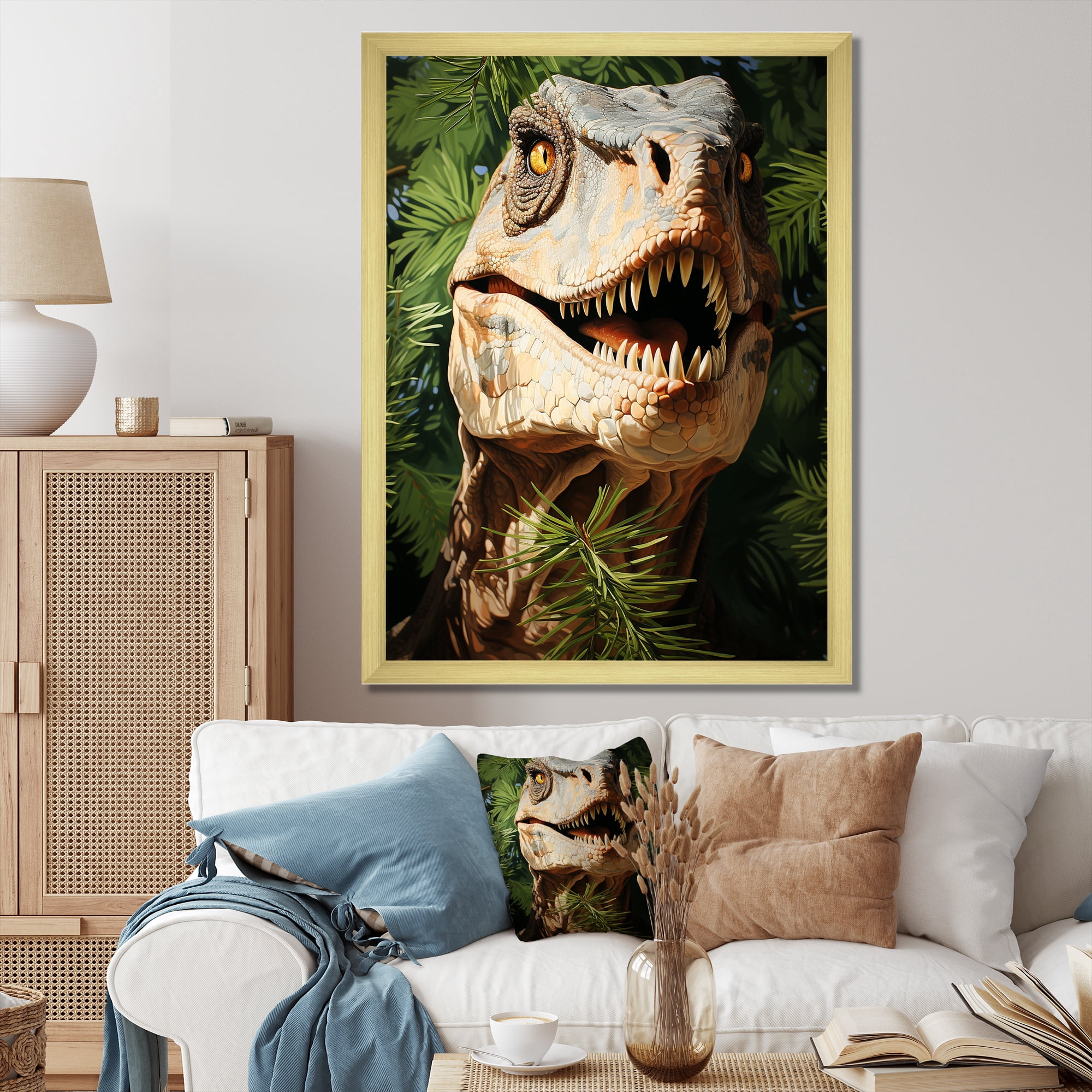 Designart "Velociraptor in Jungle Green Expedition II" Animals Framed ...