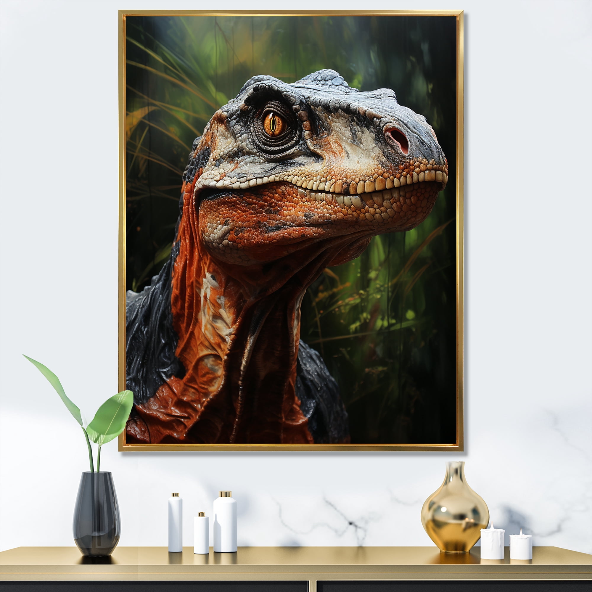 Designart "Velociraptor in Jungle Green Expedition III" Animals Framed ...
