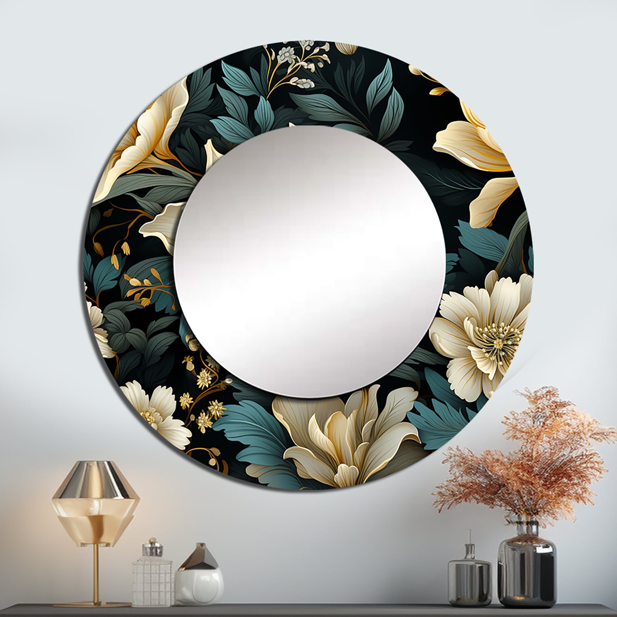 Designart "Verdant Botanical Elegance" Damask Rund Mirror For Wall ...