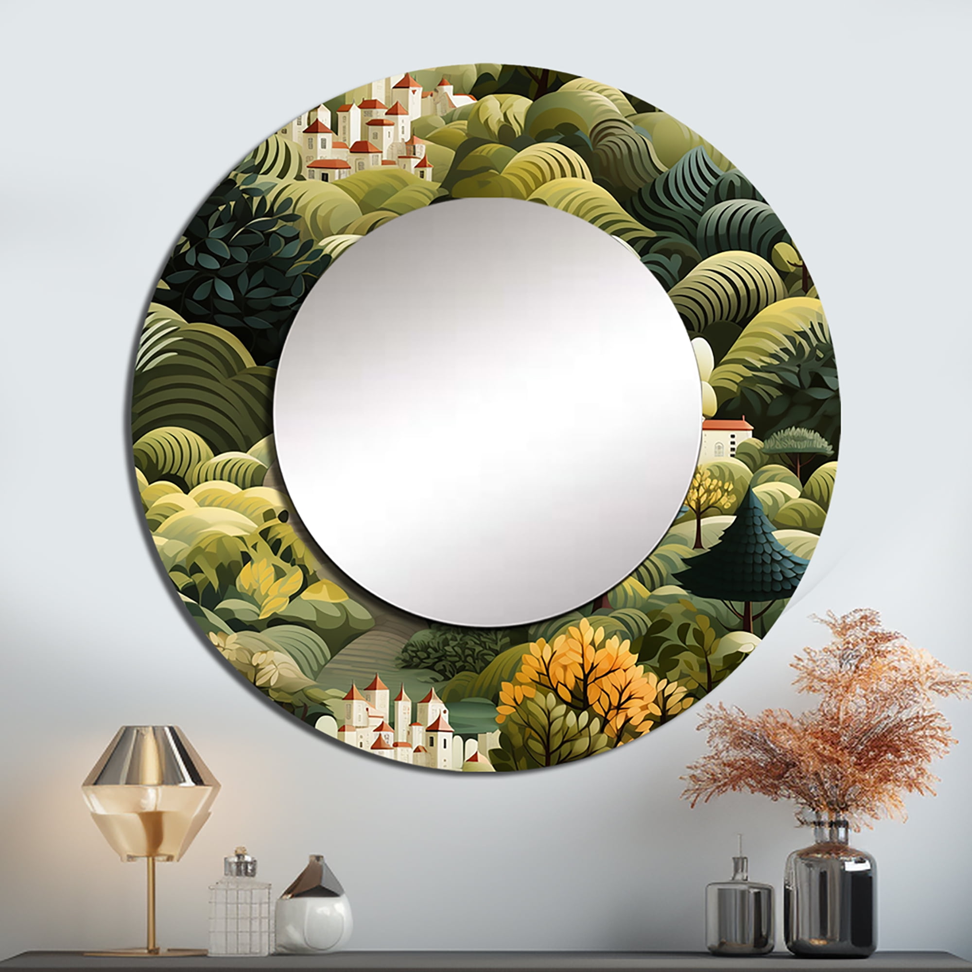 Designart "Verdant Forest Dream" Abstract Rund Mirror For Wall Decor ...