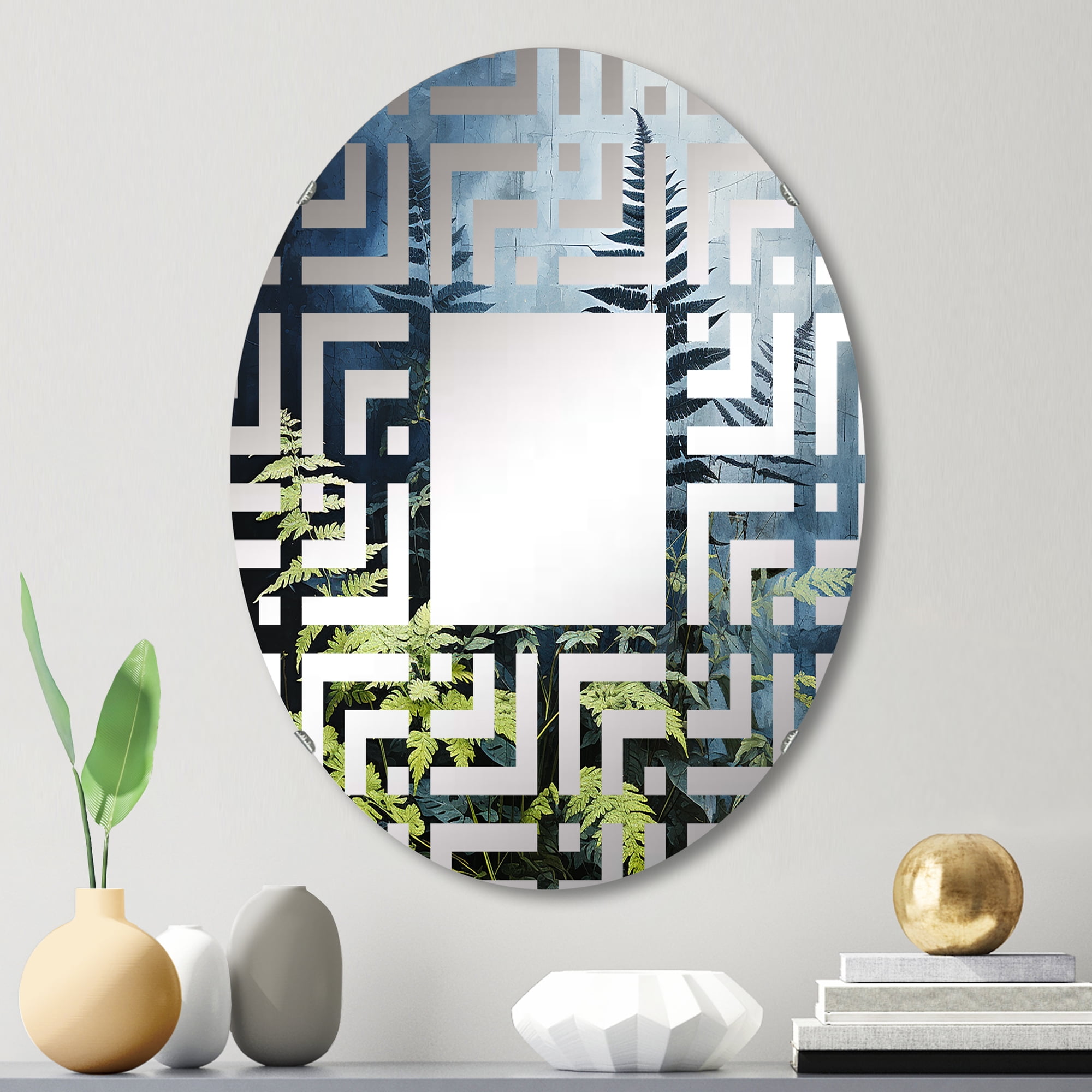 Designart "Verdant Green Ferns" Ferns Maze Round Wall Mirror - Floral ...