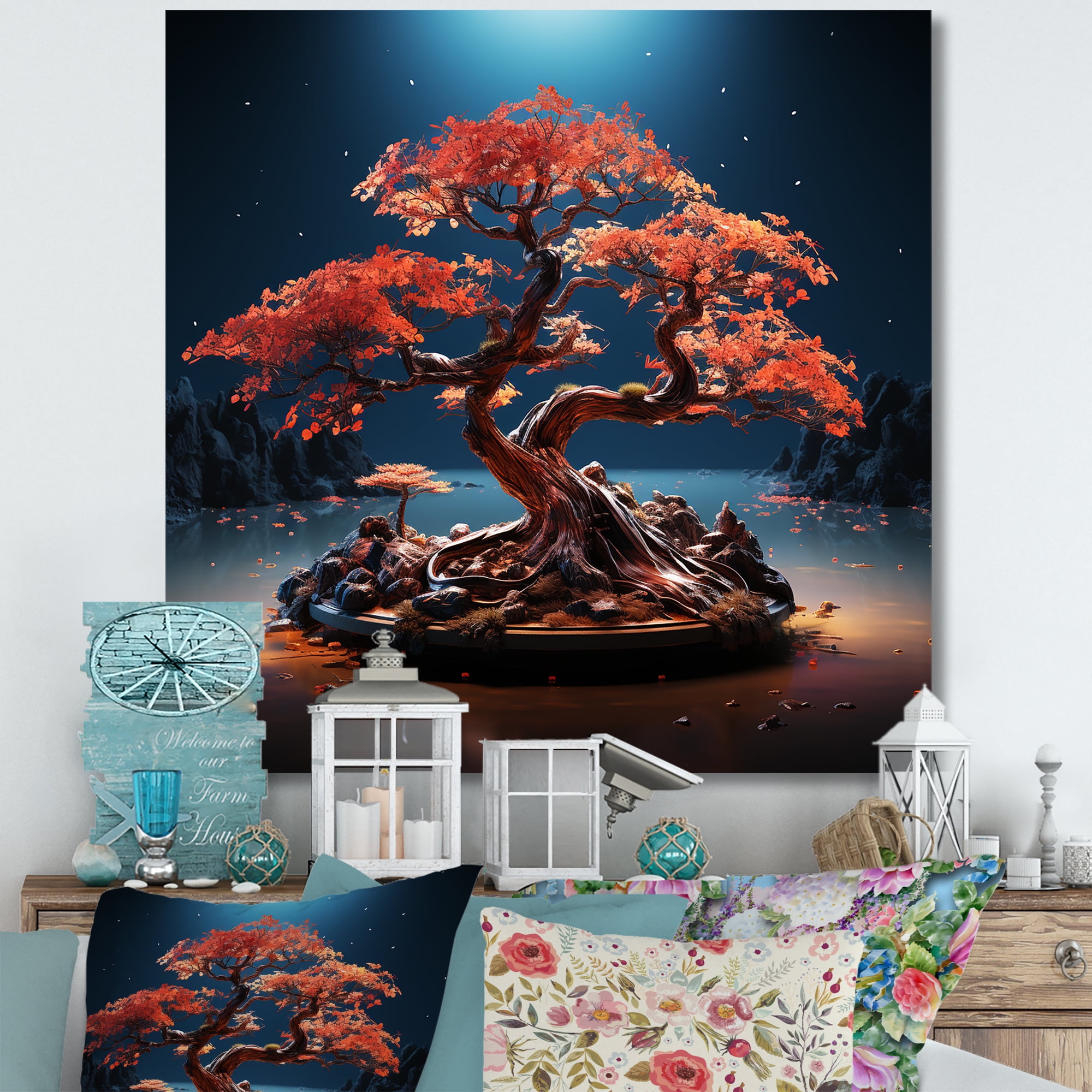 Designart "Vibrant Coral Bonsai Bliss I" Tree Bonsai Wall Decor ...