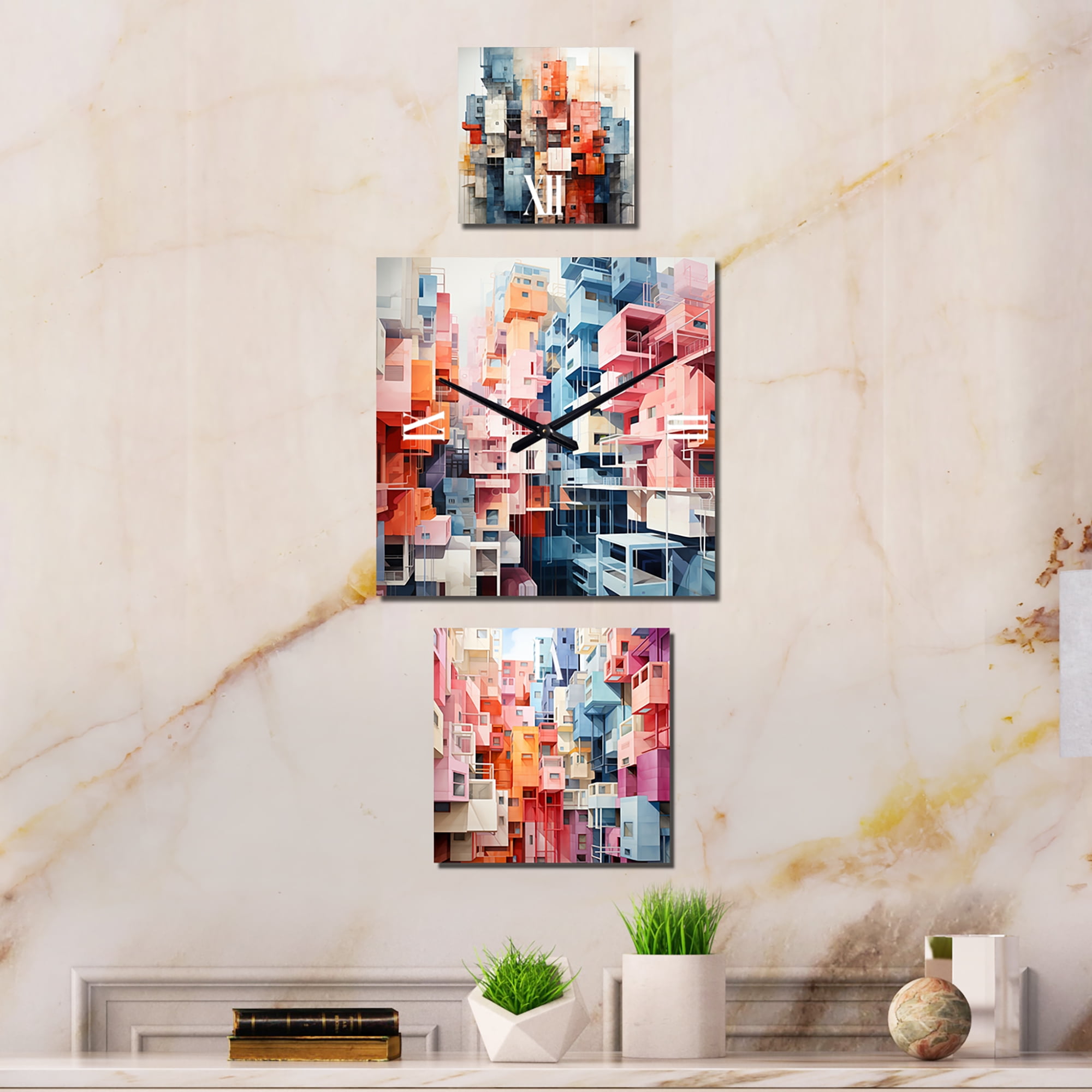 Designart "Vibrant Cubist Urban Expanse" Skyscrapers Extra large Clock ...