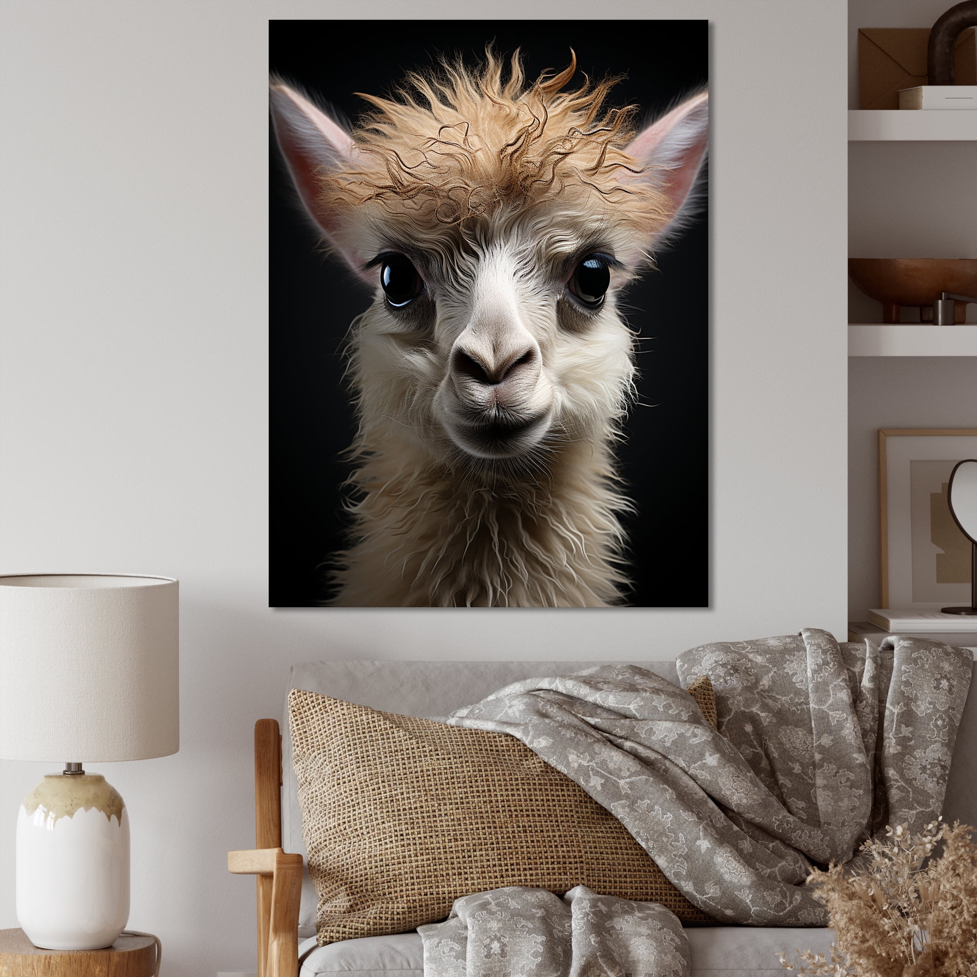 Designart "Vibrant Funny Llama Portrait Beige Background" Animals Wall ...