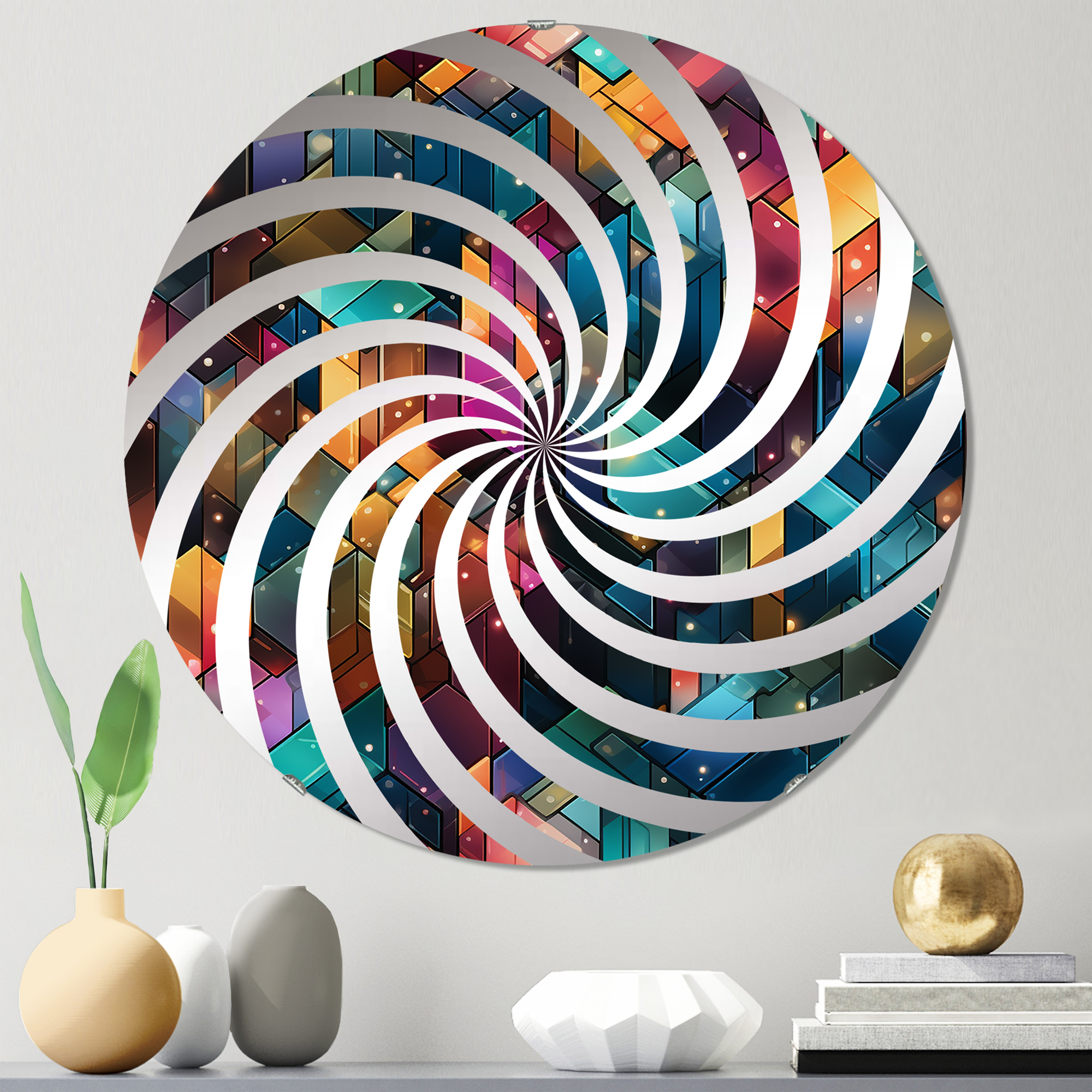 Designart "Vibrant Fusion of Retro Futurism" Geometric Vortex Round ...