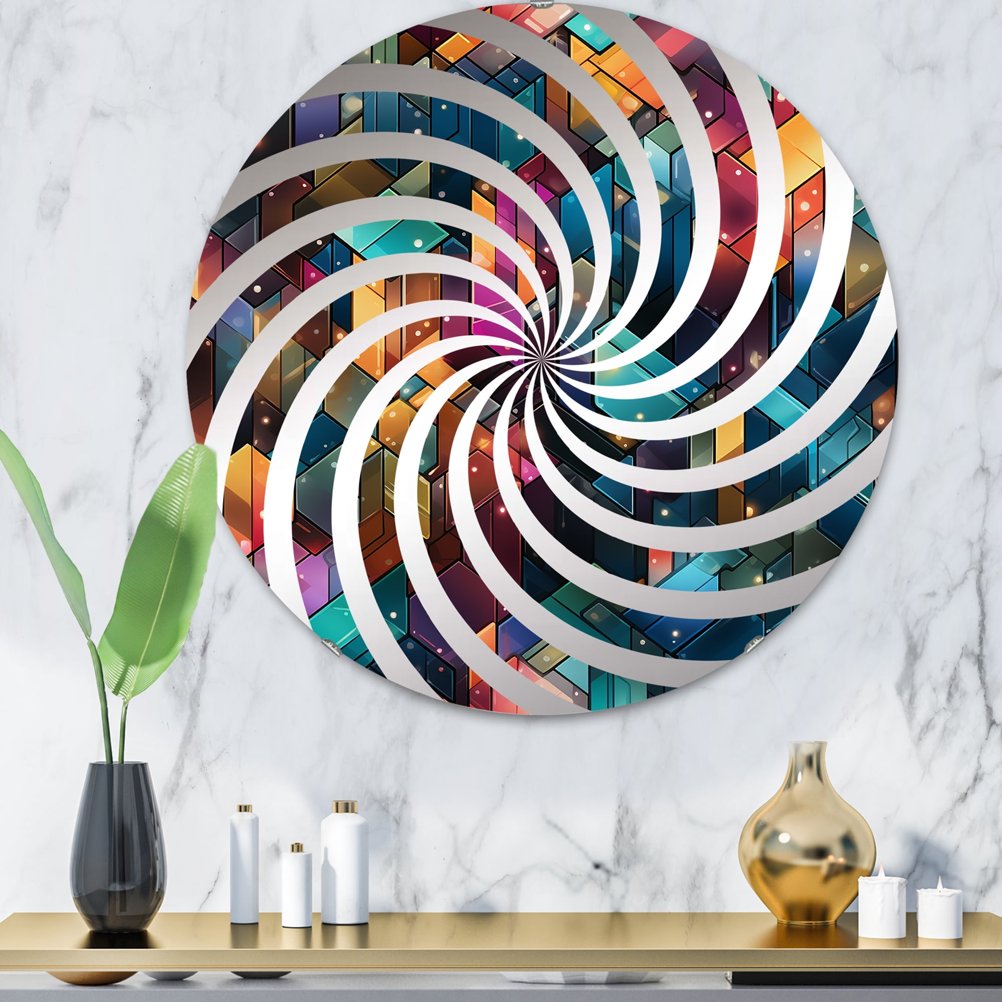 Designart "Vibrant Fusion of Retro Futurism" Geometric Vortex Round ...