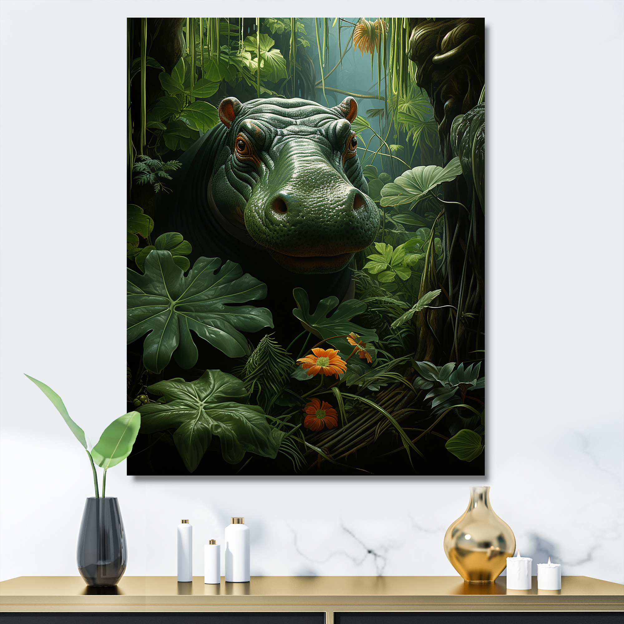 Designart "Vibrant Green Hippo Portrait" Animals Canvas Wall Art ...