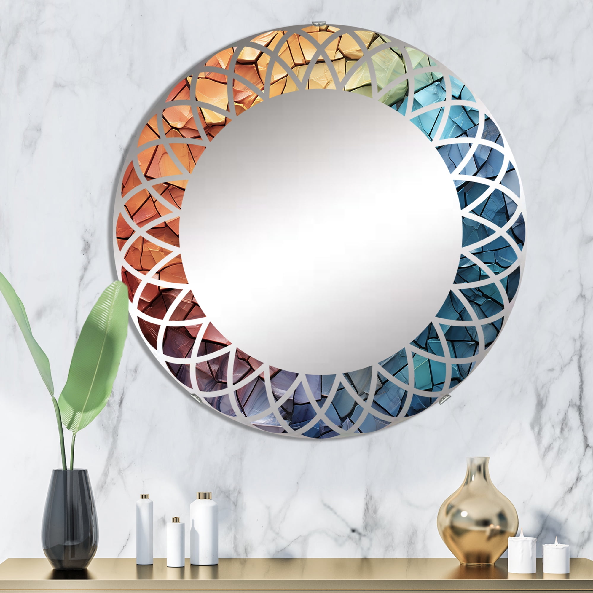 Designart "Vibrant Montage II" Abstract Collages Round Wall Mirror ...