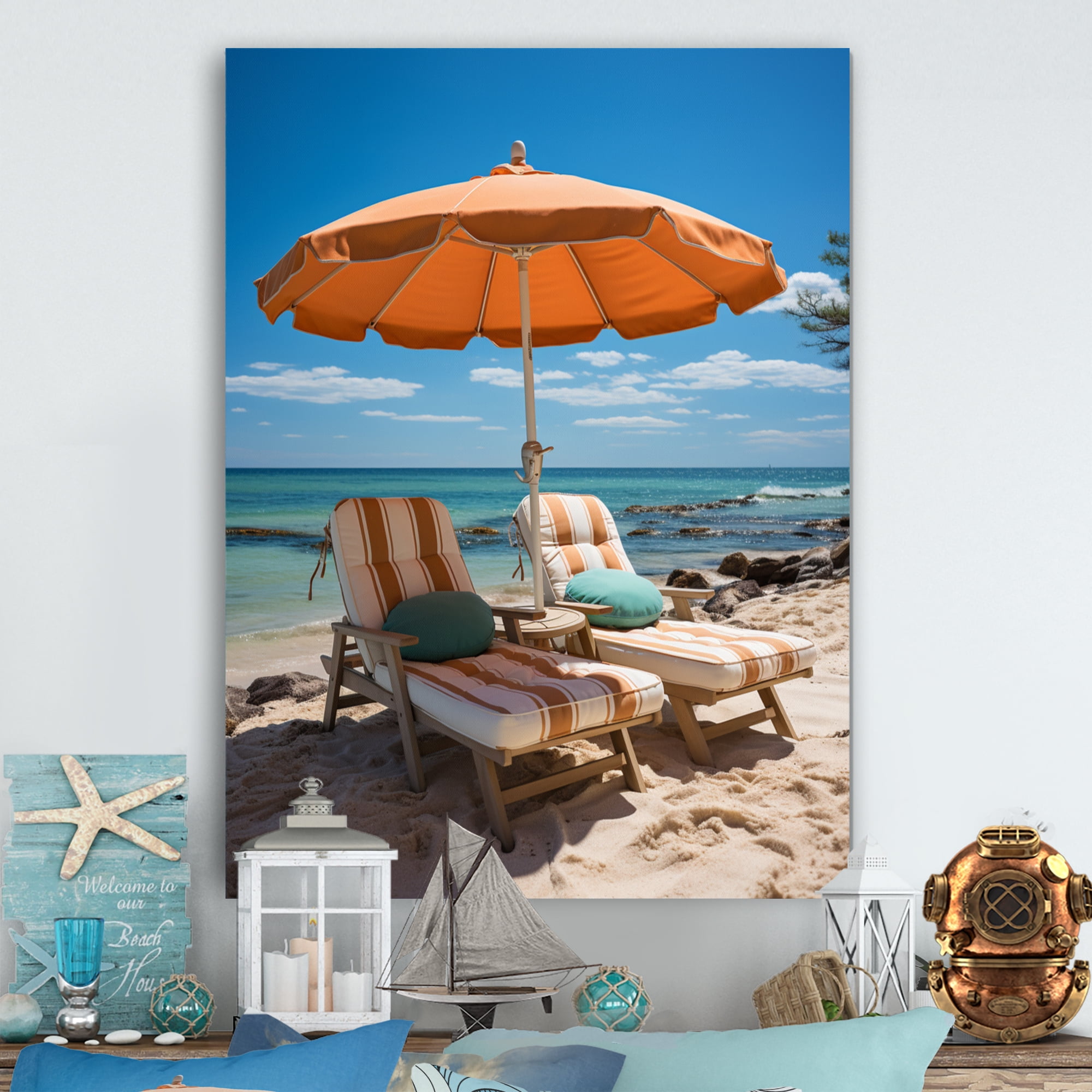 Designart "Vibrant Orange Beach Chairs I" Nautical & Beach Metal Art ...