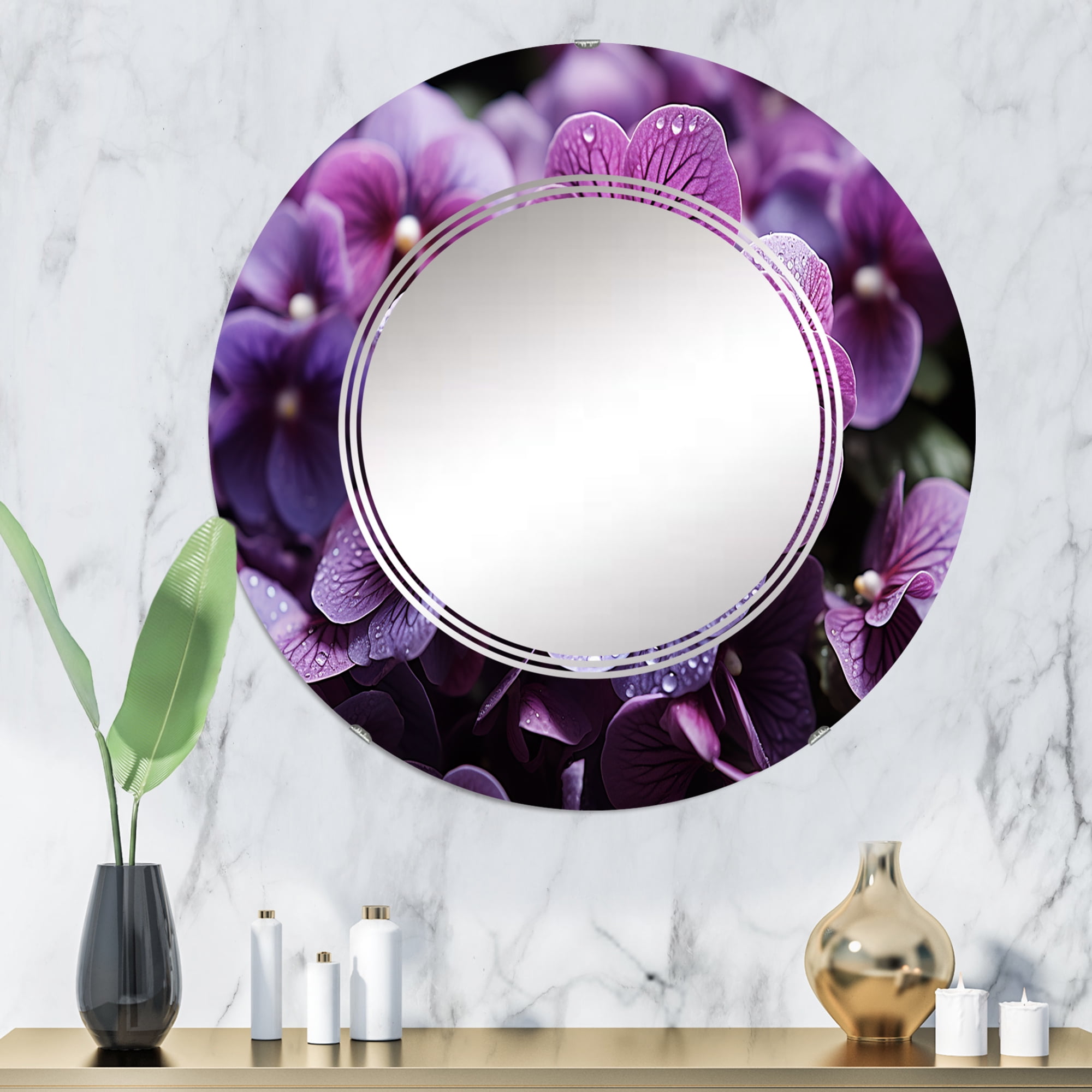 Designart "Vibrant Photo of the Violets Field II" Floral Round Wall Mirror - Traditional Oval ...