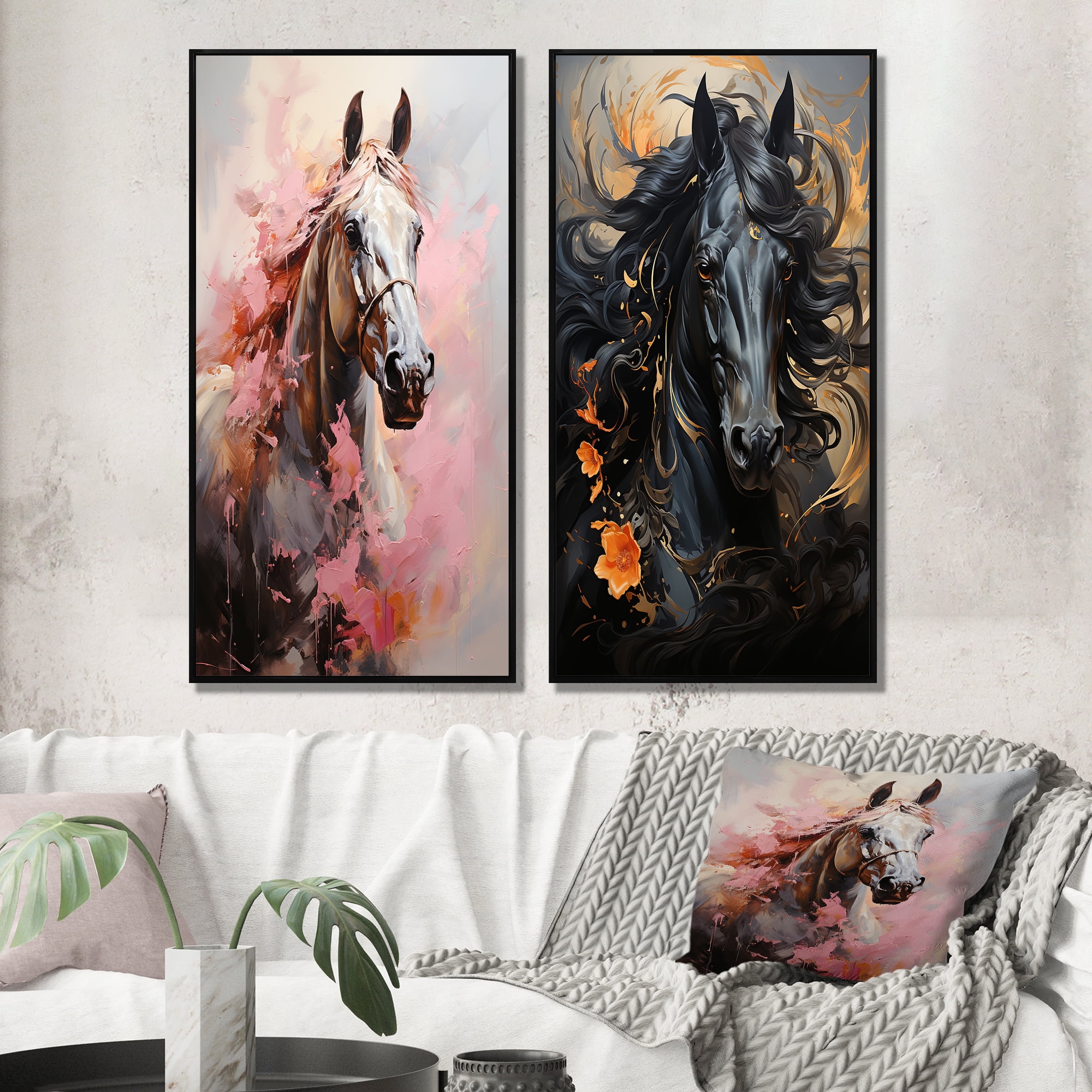 Designart "Vibrant Pink Equine Pink and White Horse" Horse Framed Wall ...