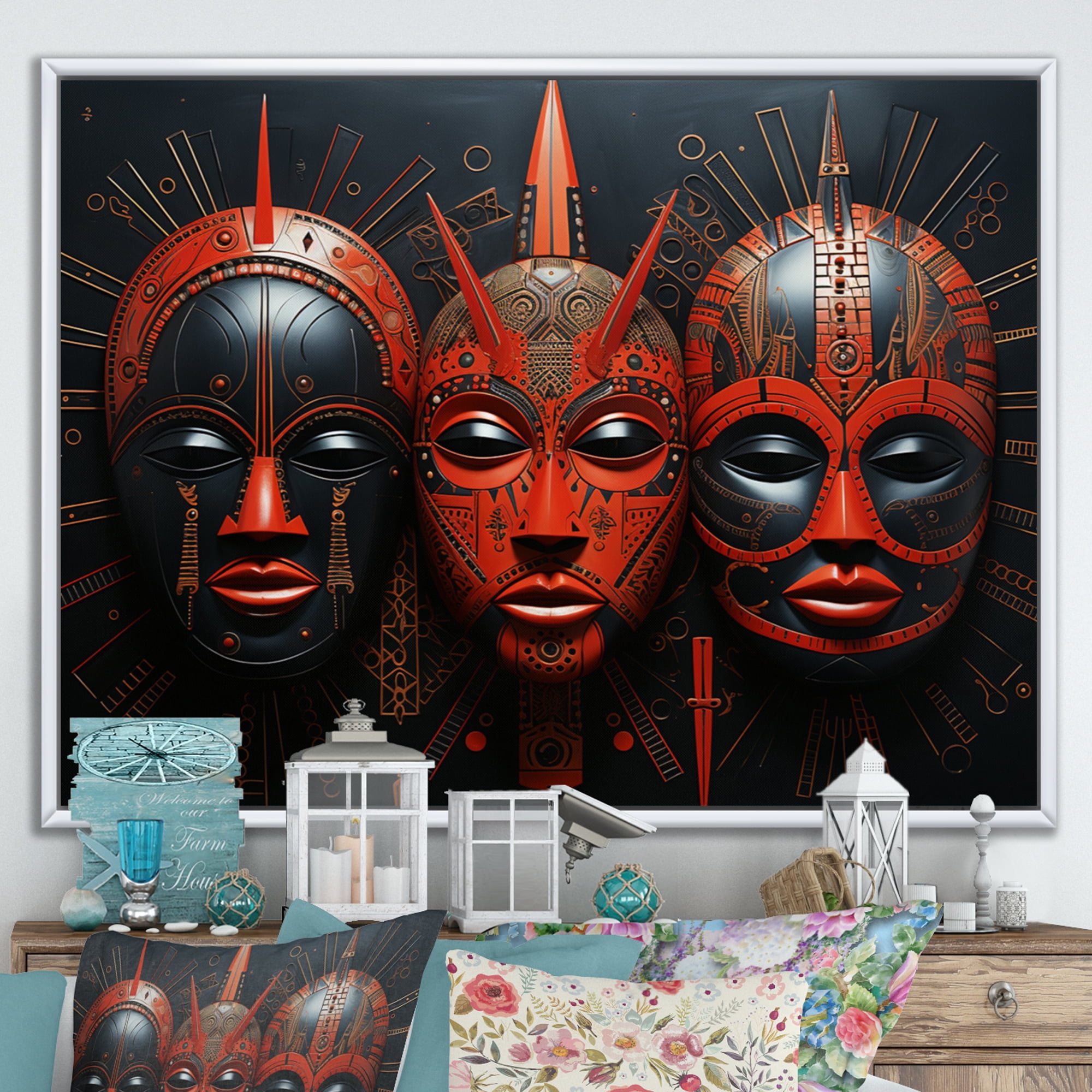 Designart "Vibrant Red African Masks I" African Tribes Floater Framed ...