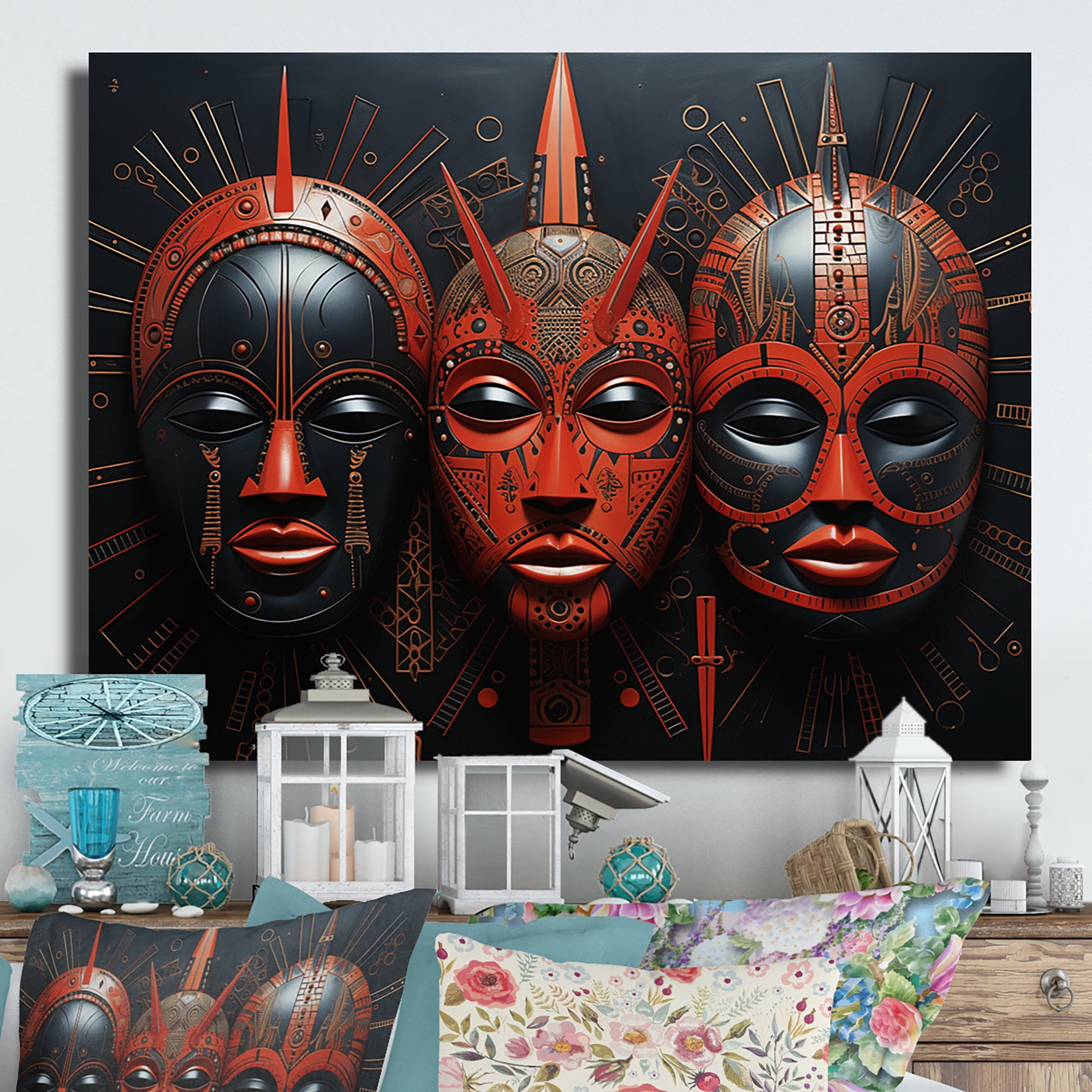 Designart "Vibrant Red African Masks I" African Tribes Metal Wall Art ...