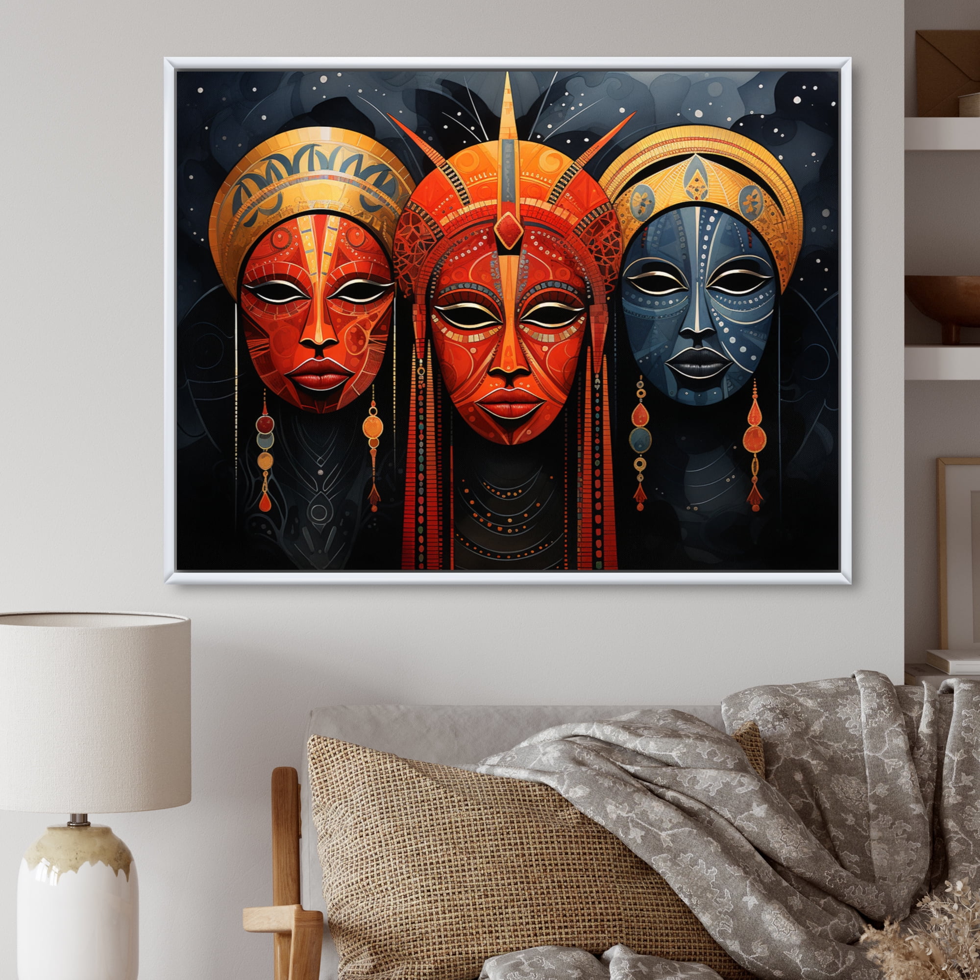 Designart "Vibrant Red African Masks II" African Tribes Floater Framed ...