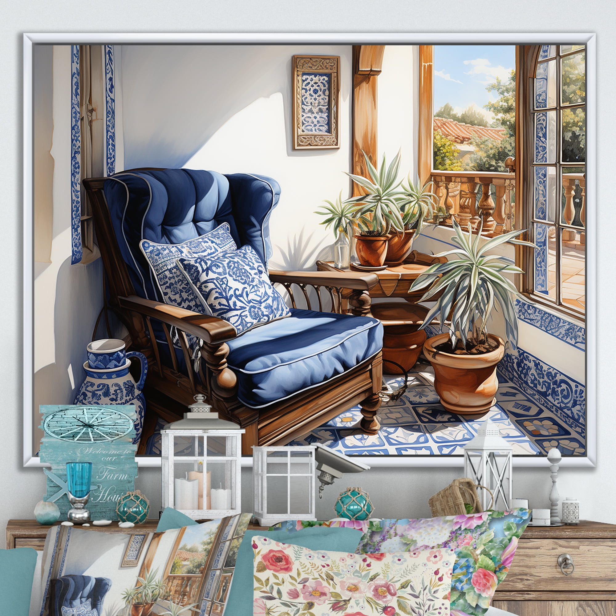 Designart "Vibrant Serape Blue and Beige Mexican Art" Mexican Floater ...