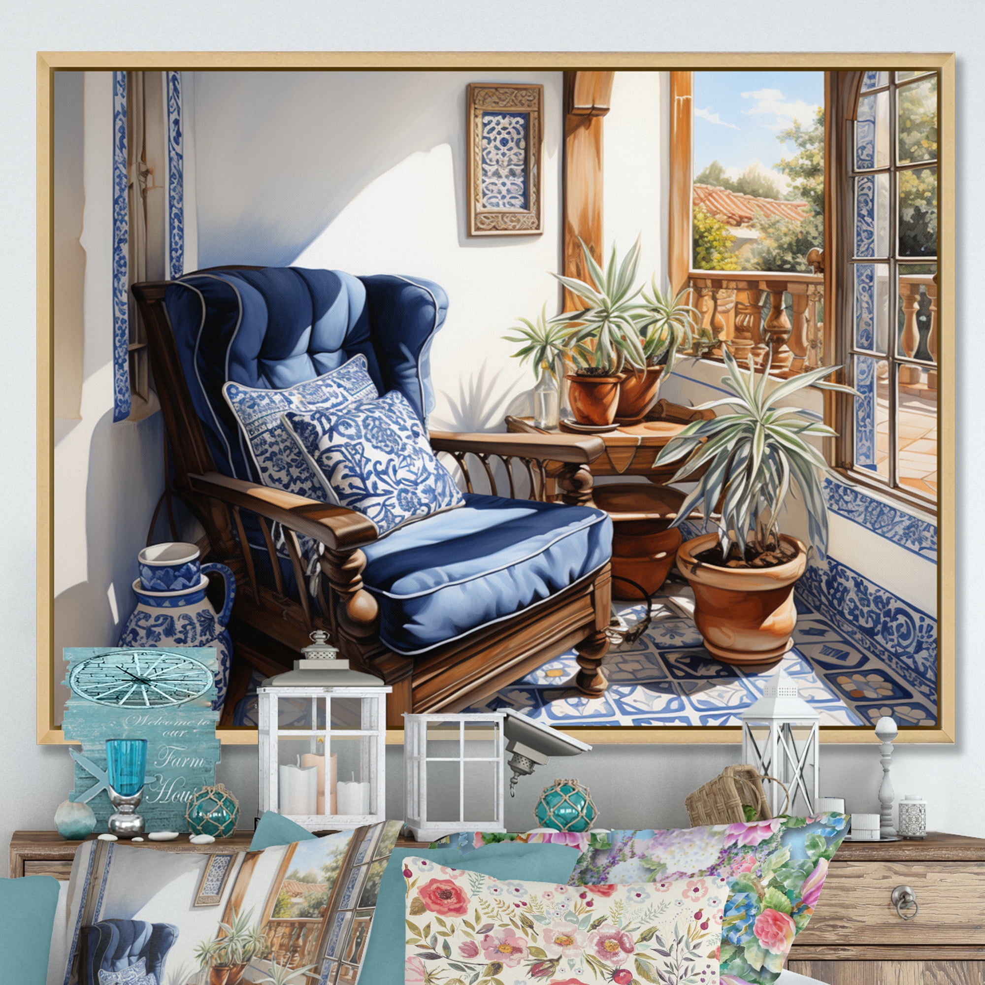 Designart "Vibrant Serape Blue and Beige Mexican Art" Mexican Floater ...