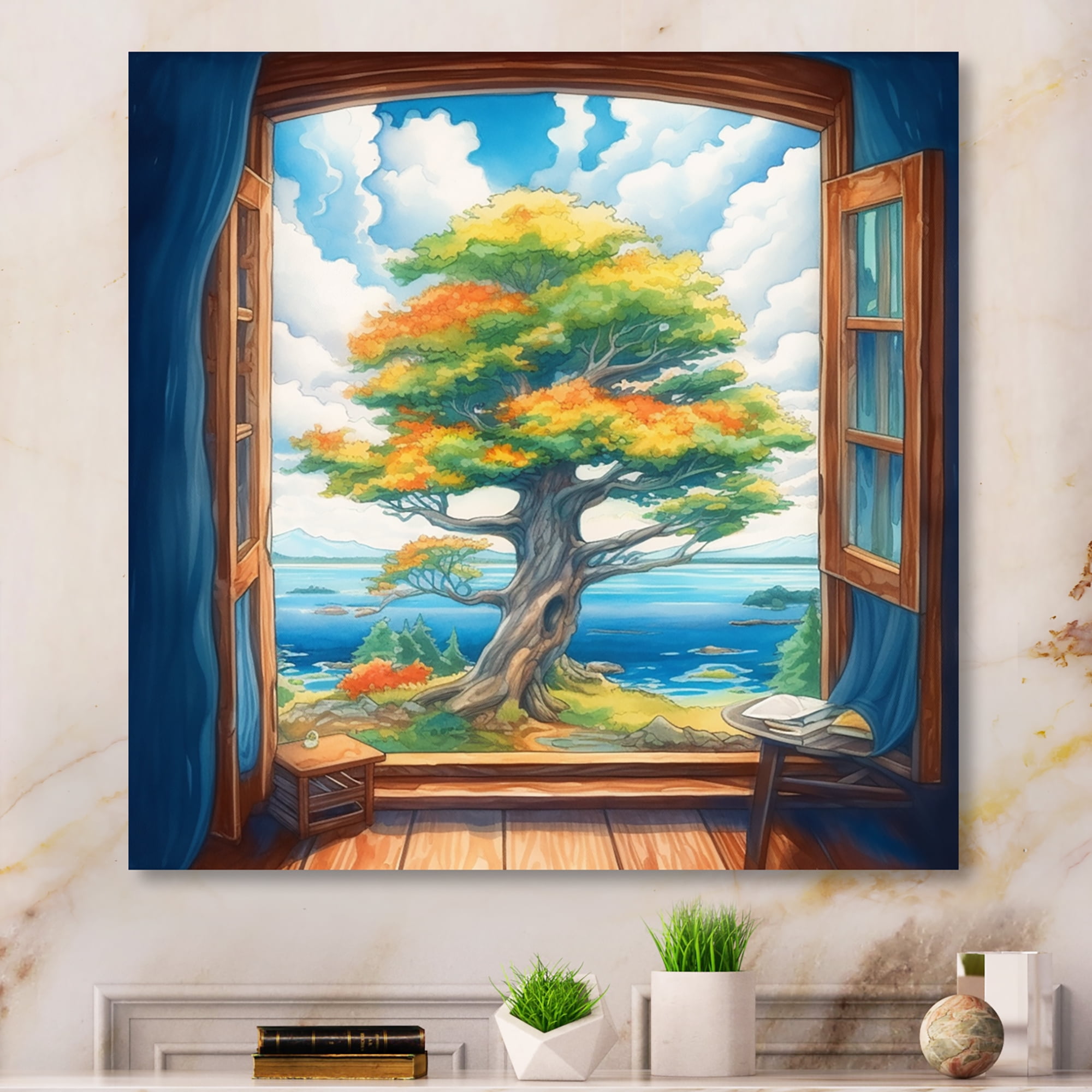 Designart "Vibrant Tree Window View III" Tree Floral Metal Wall Decor ...