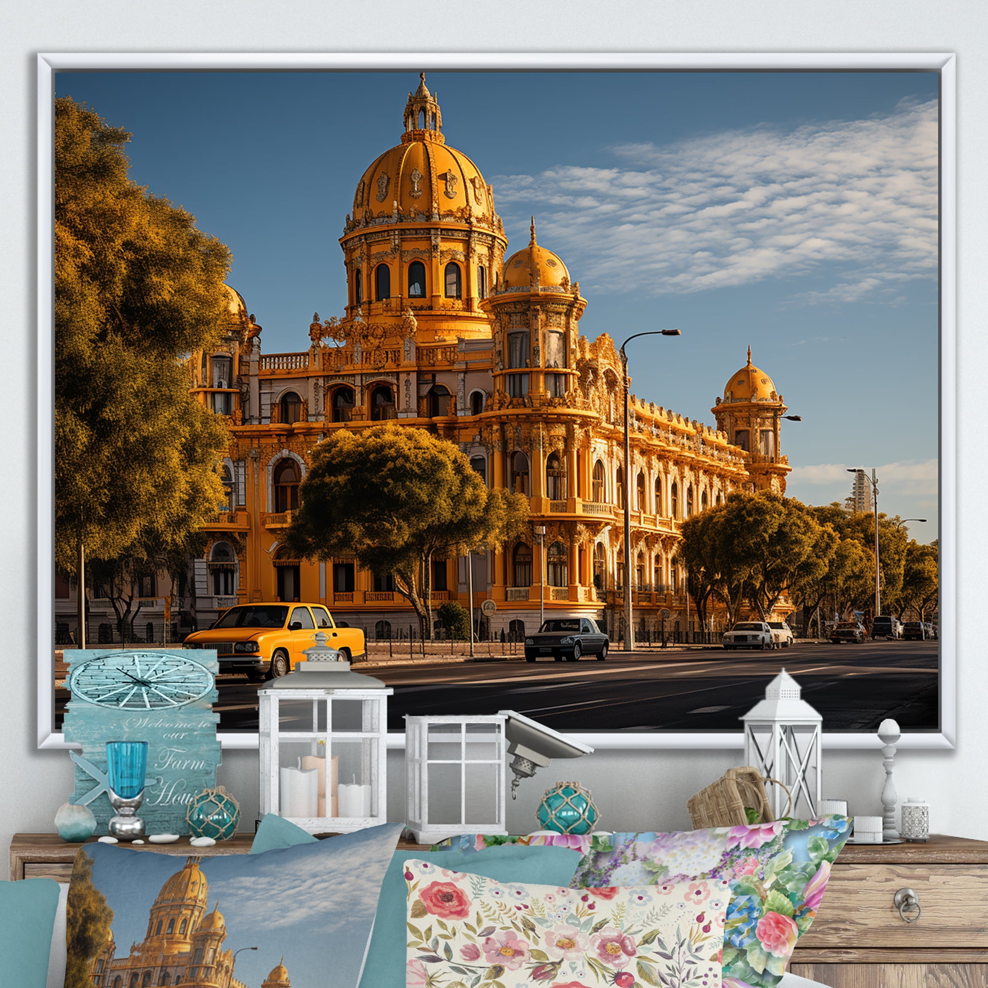 Designart "Vibrant Yellow Cuban Colonial Buildings" Cuba Floater Framed ...
