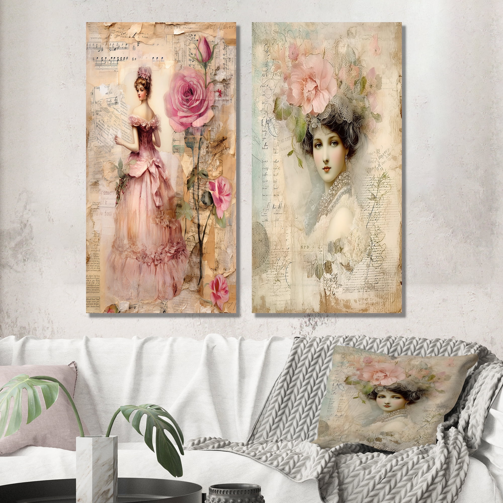 Designart "Victorian Lady Amid Rustic Pink Roses I" Rose Wall Art Set ...