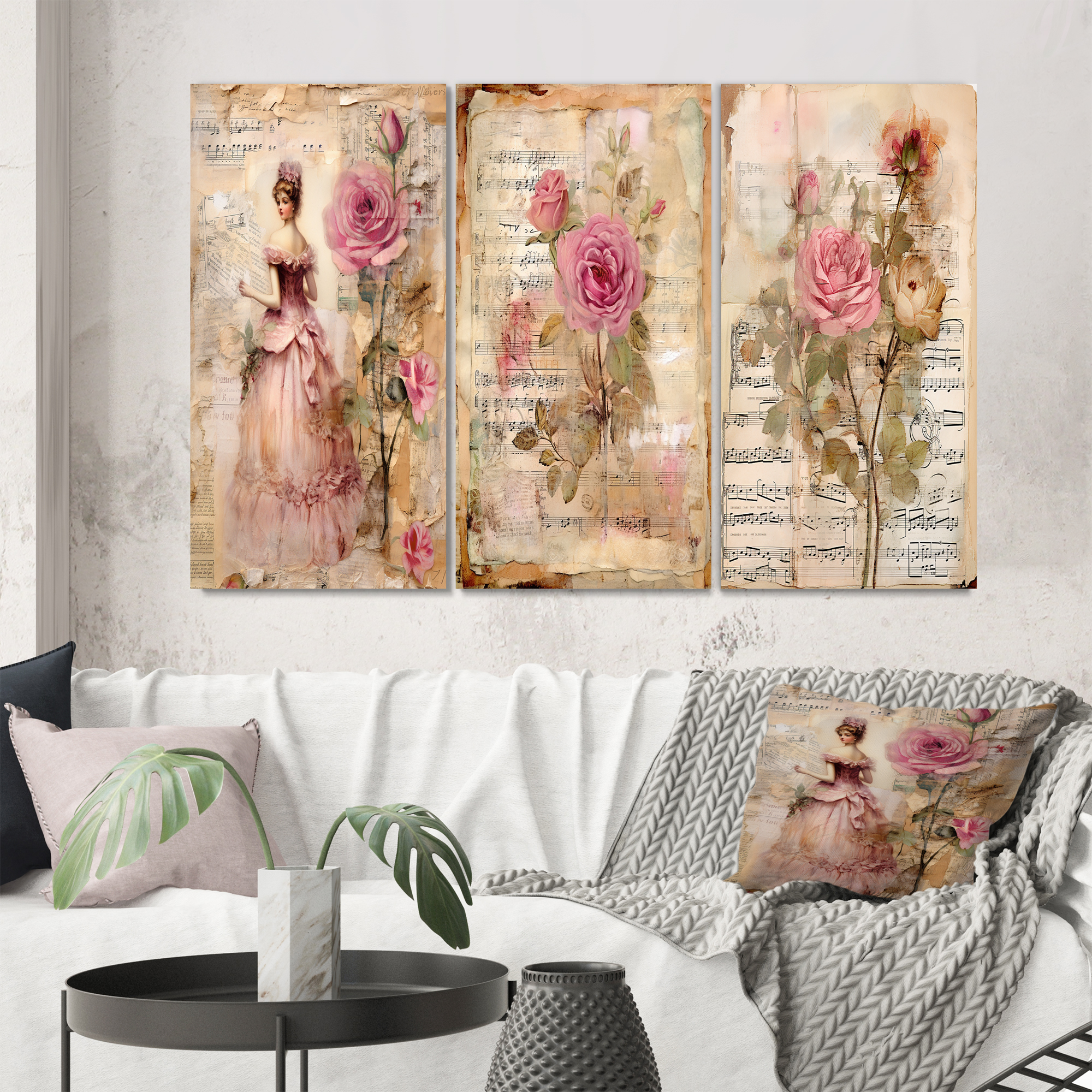 Designart "Victorian Lady Amid Rustic Pink Roses I" Rose Wall Art Set ...