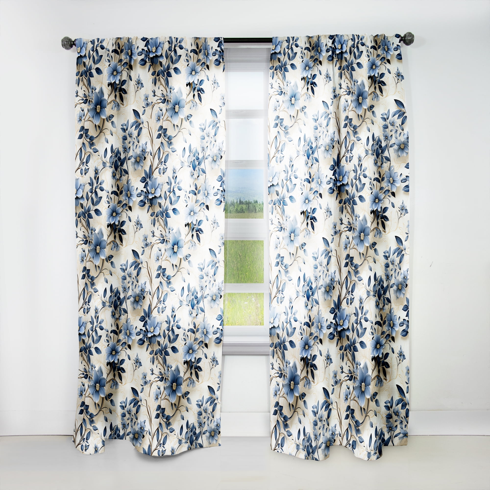 Designart "Vines Of Cobalt Blue Filigree I" Floral Blue Curtain 1 Panel ...