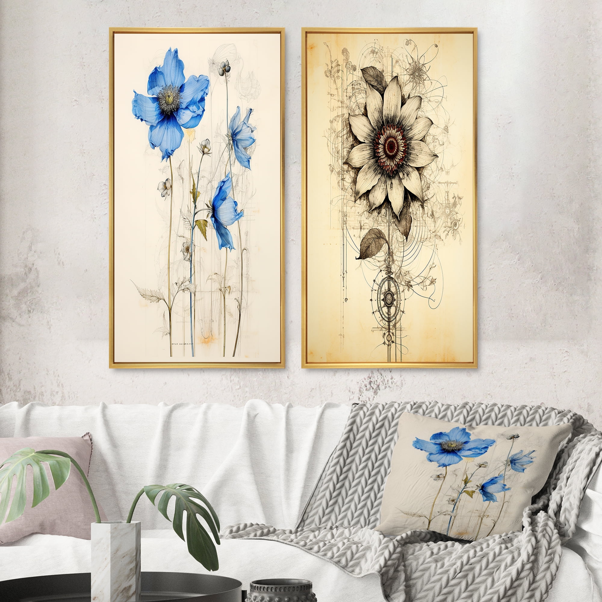 Designart "Vintage Blue Daisy Flower Illustration" Daisy Framed Wall ...