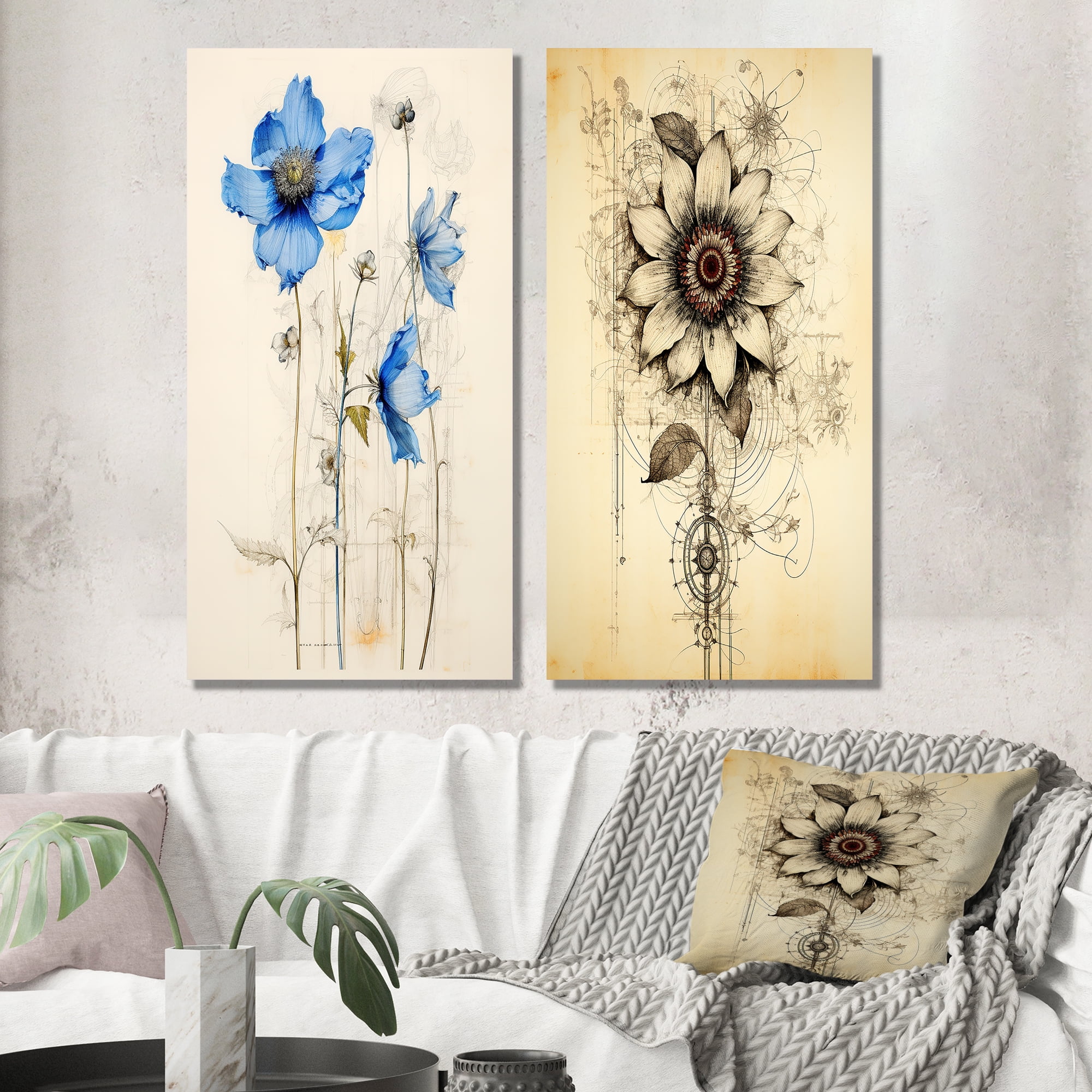 Designart "Vintage Blue Daisy Flower Illustration" Daisy Wall Art Set ...