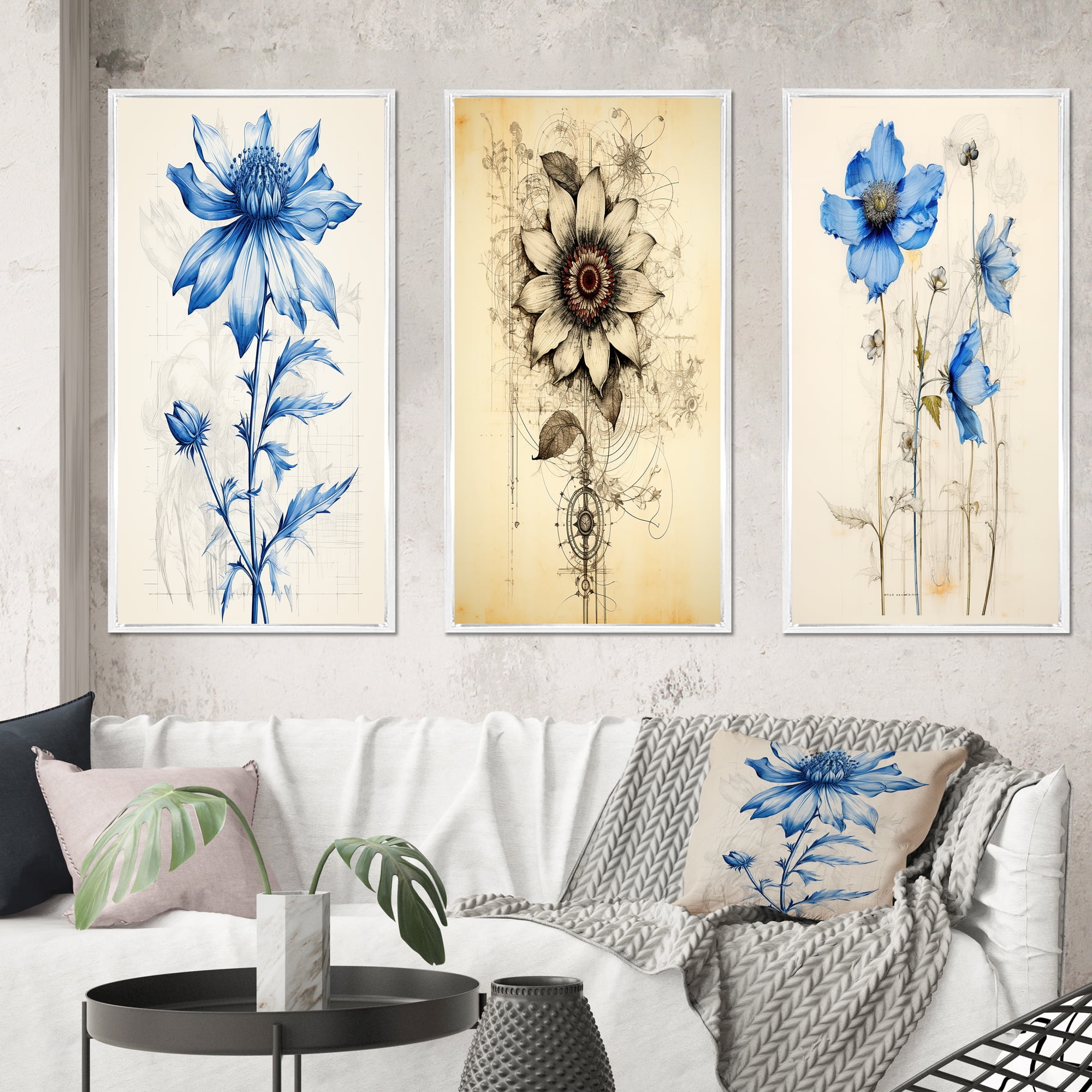 Designart "Vintage Blue Daisy Flower Illustration III" Daisy Framed ...